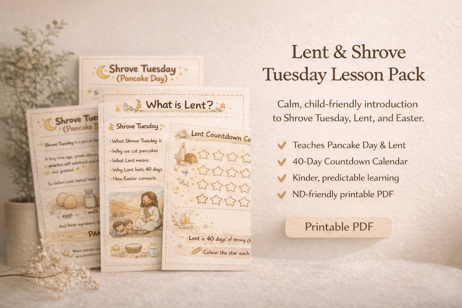 Lent & Shrove Tuesday Lesson Pack | 40 Day Countdown Calendar | Gentle ...
