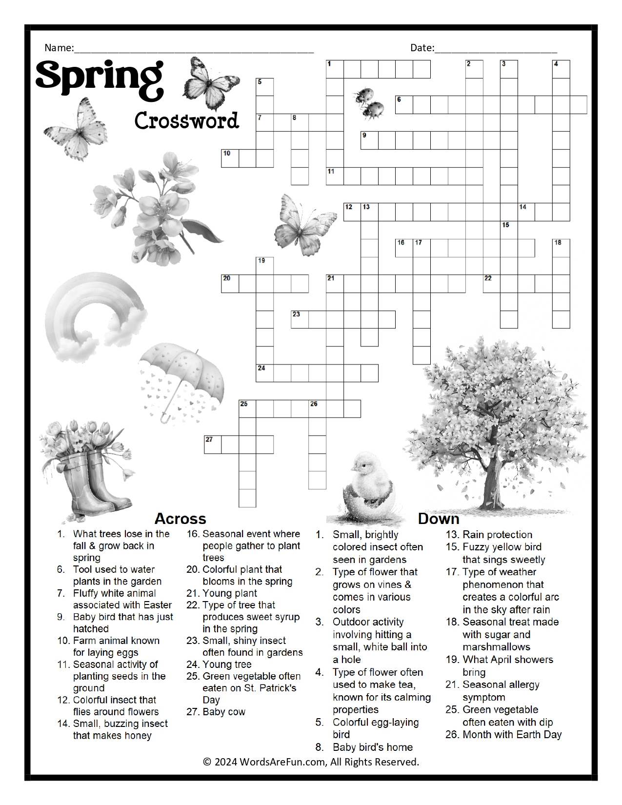 Spring Crossword Puzzle Printable PDF – Spring Vocabulary Worksheet ...