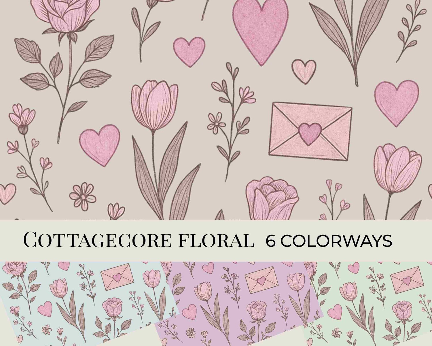 Cottagecore Seamless Pattern PNG Bundle | Rustic Floral & Hearts ...