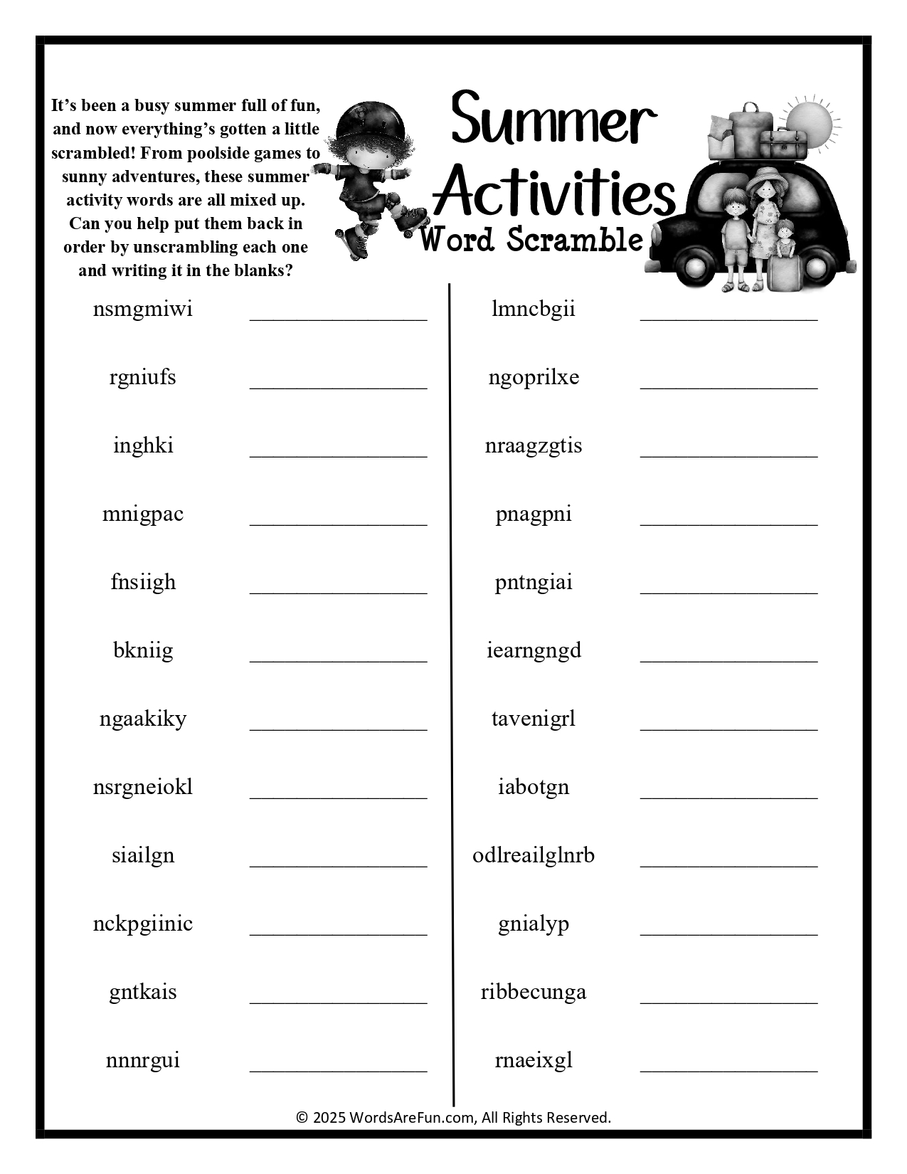 Summer Activities Word Scramble Printable PDF – Fun Summer Vocabulary ...