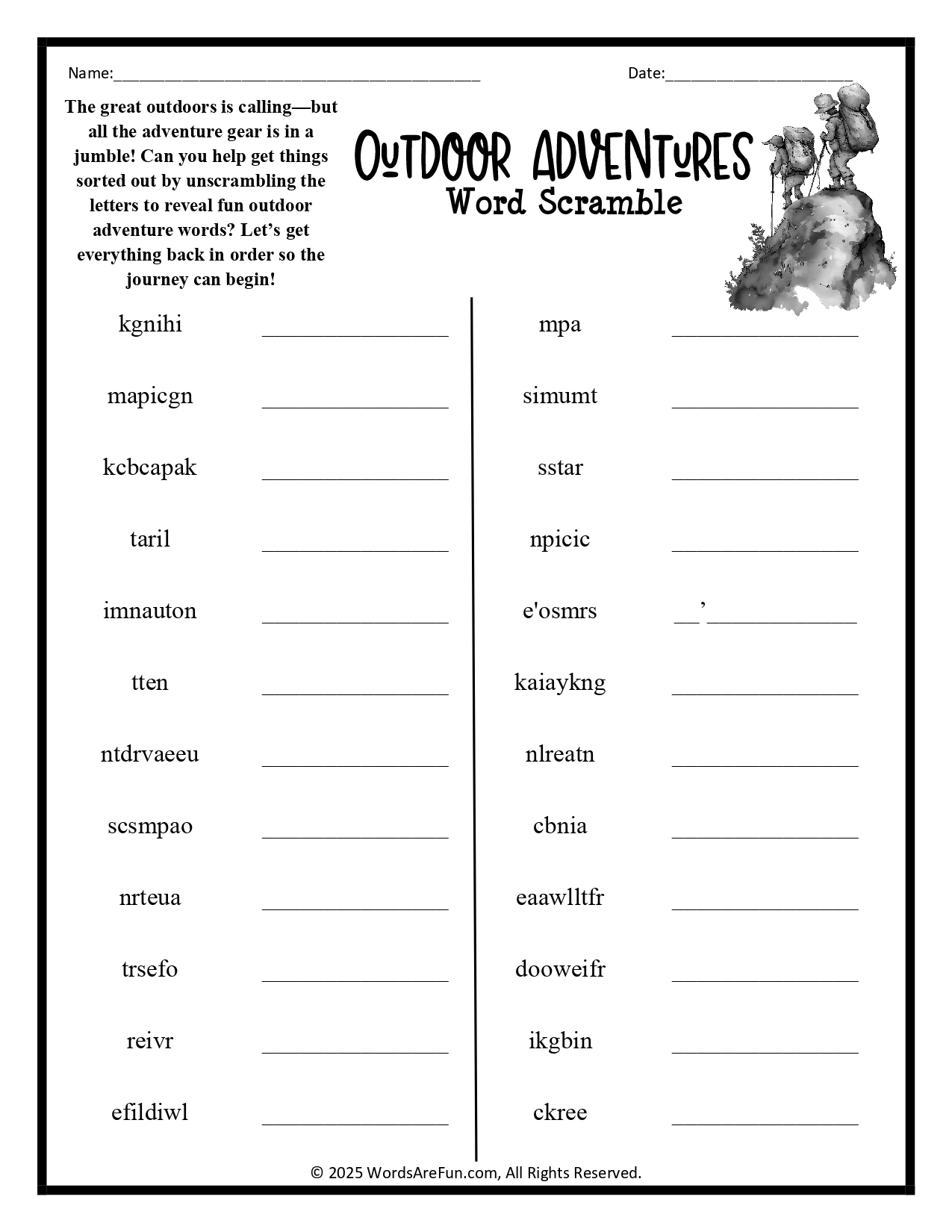 Outdoor Adventures Word Scramble Printable PDF – Camping & Nature ...