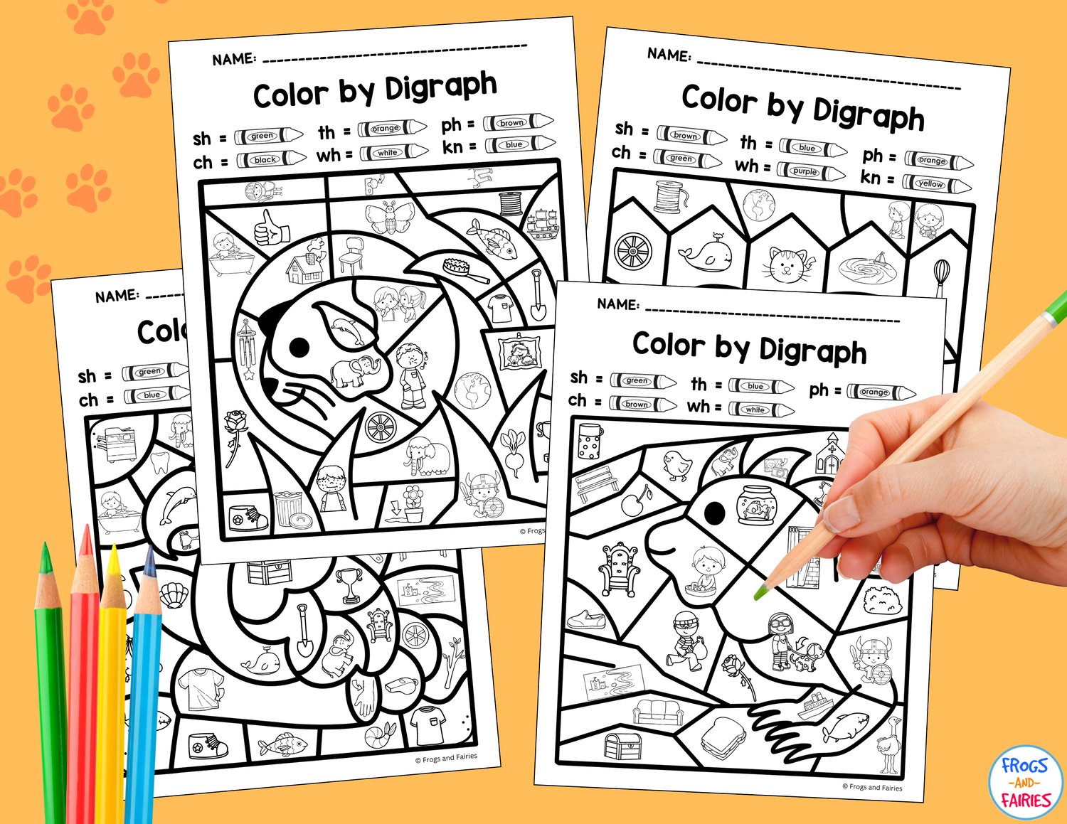 Pet-Themed Digraph Worksheets for Kindergarten & First Grade | Color by ...
