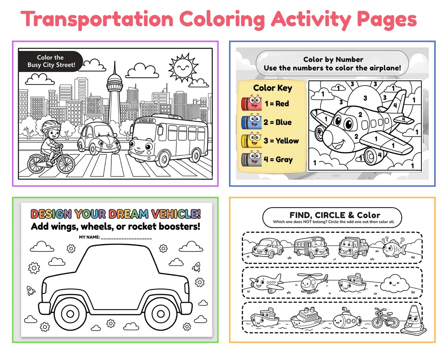 Fun Coloring Activities for Kids - Vehicles Edition - Payhip