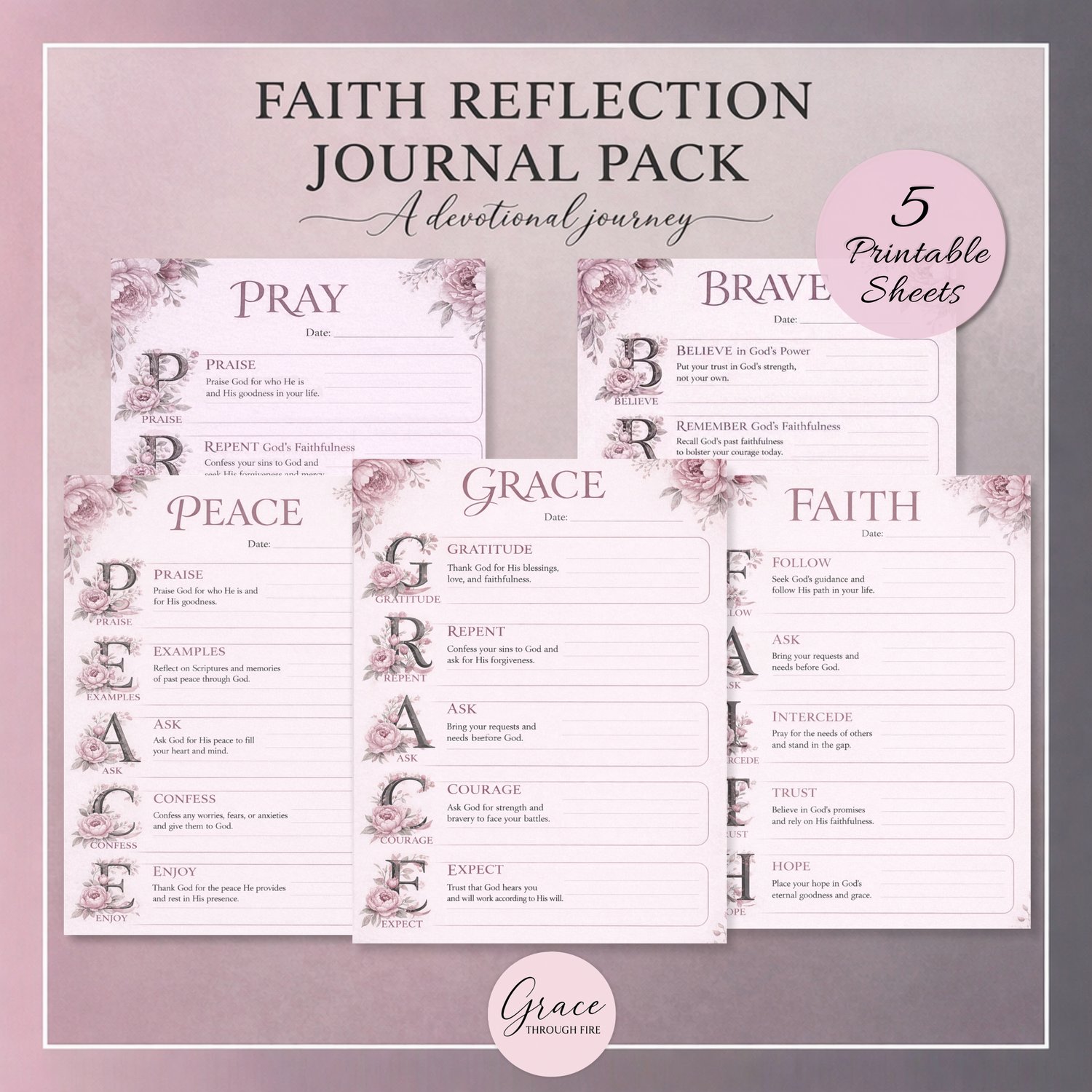 Faith Reflection Printable Pack — 5 Guided Christian Journaling Pages