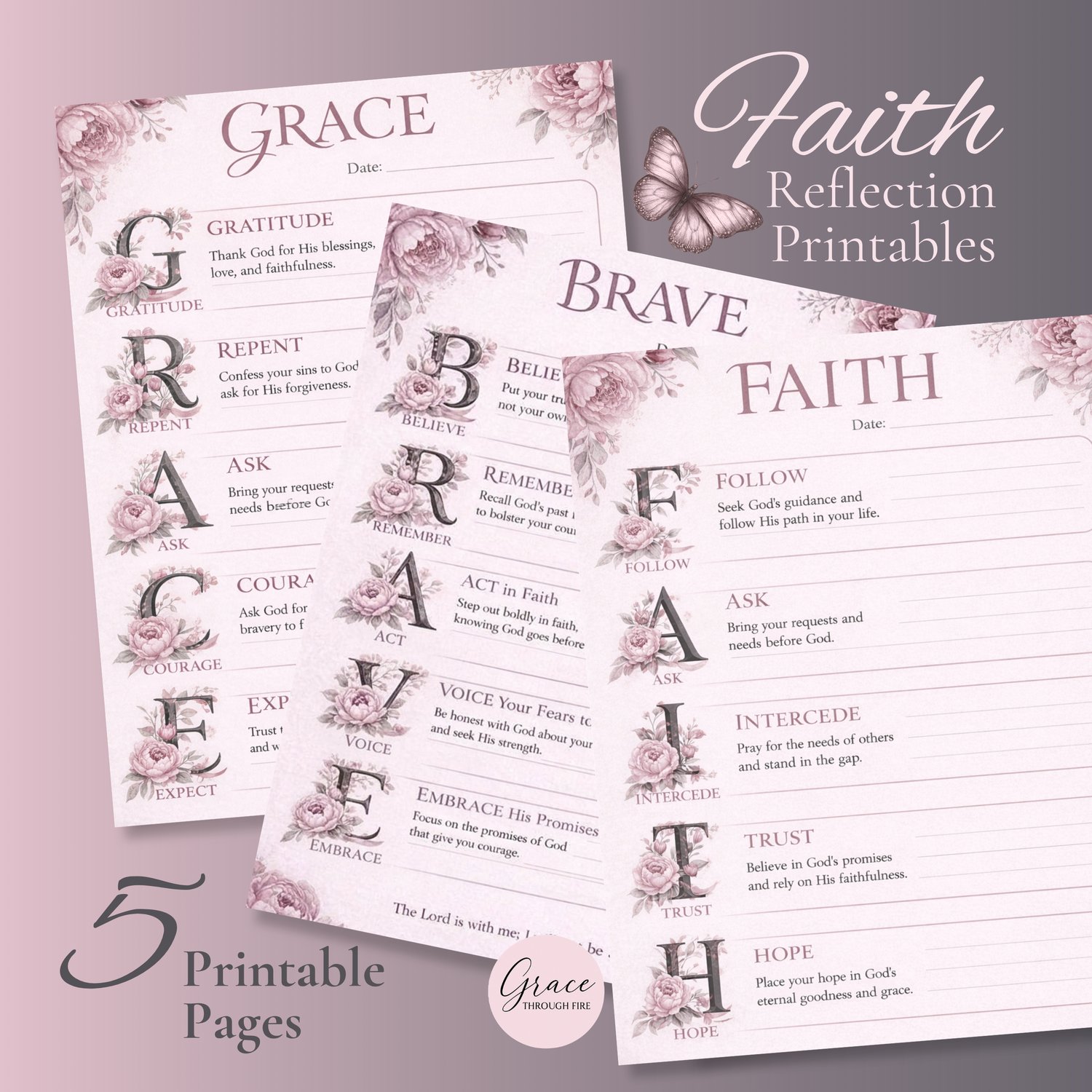 Faith Reflection Printable Pack — 5 Guided Christian Journaling Pages