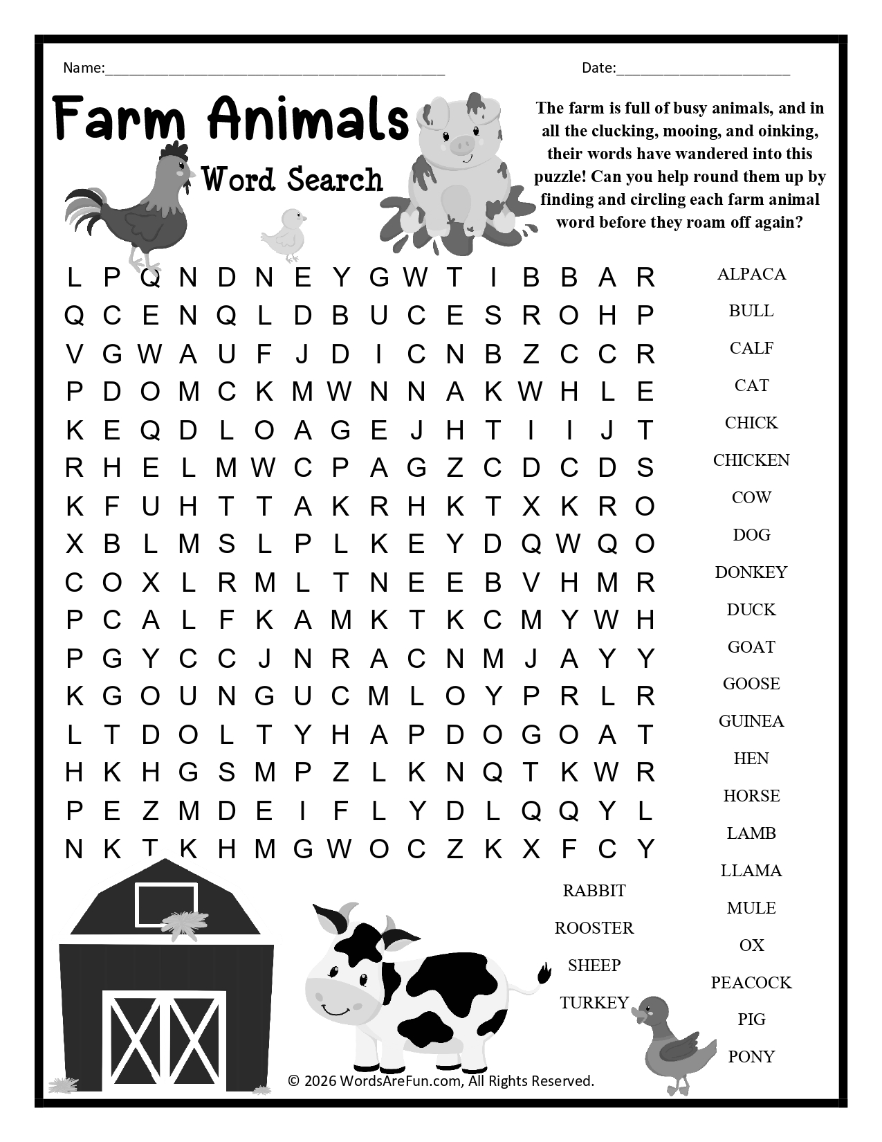 Farm Animals Word Search Puzzle Printable PDF | Color & B&W | Instant ...