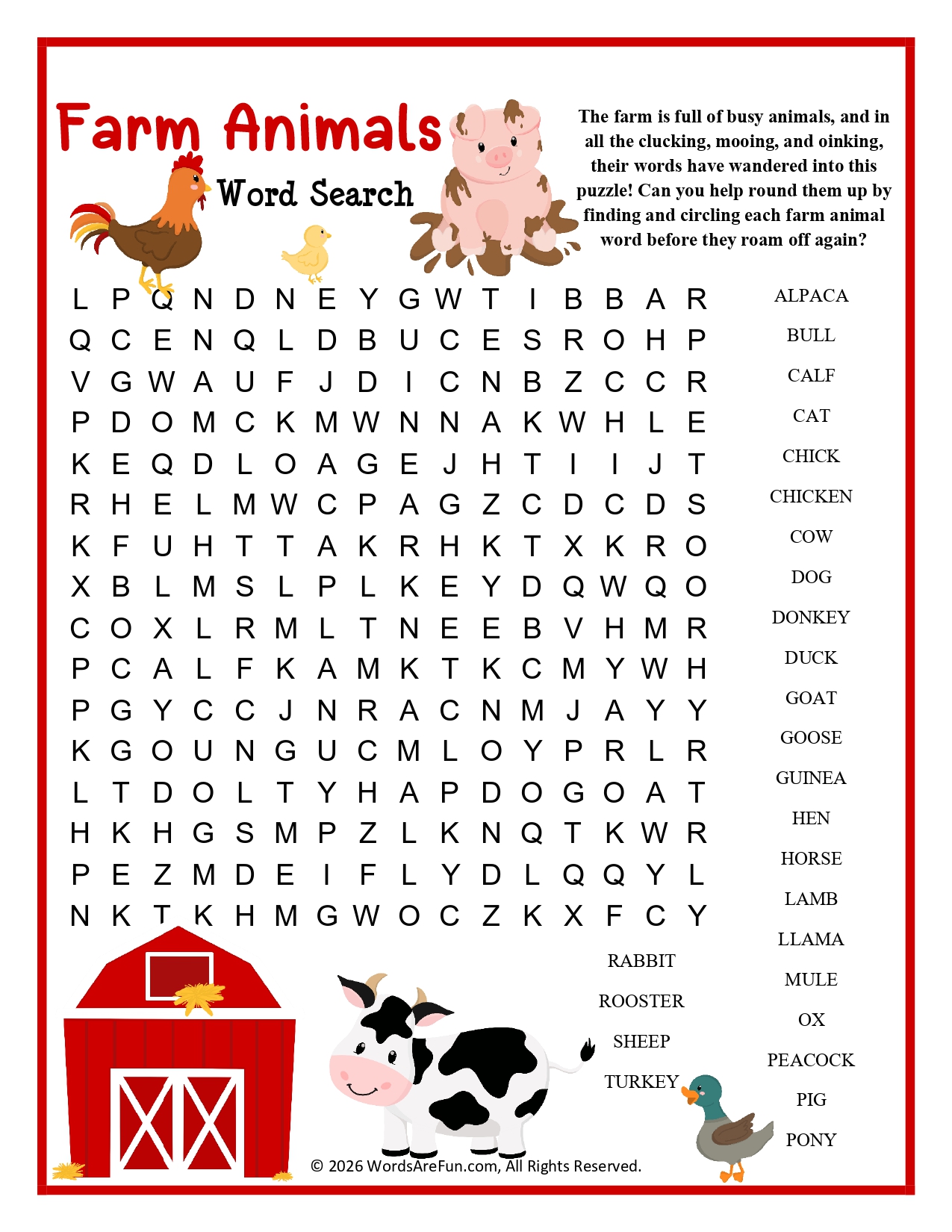 Farm Animals Word Search Puzzle Printable PDF | Color & B&W | Instant ...
