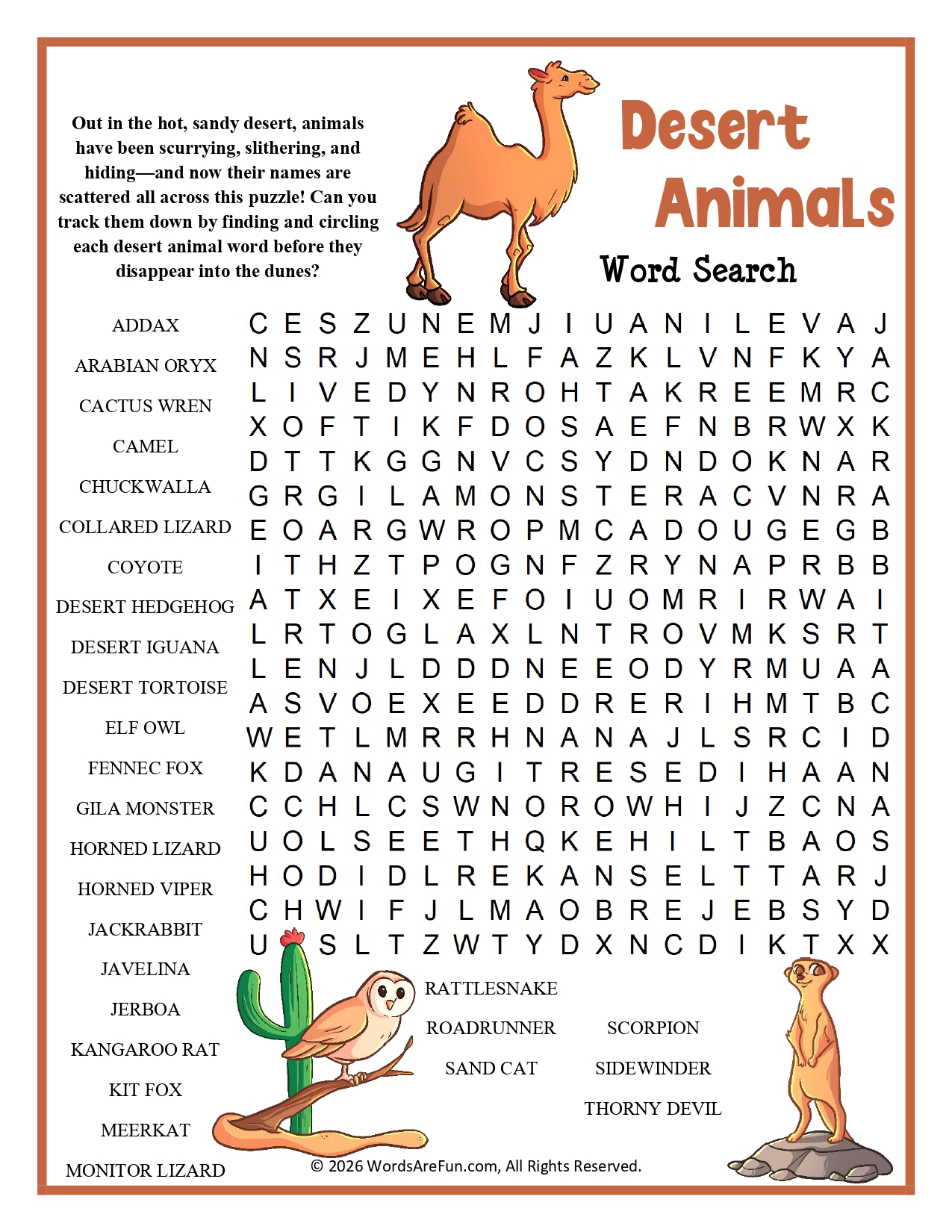 Desert Animals Word Search for Kids Printable PDF | No Prep Activity
