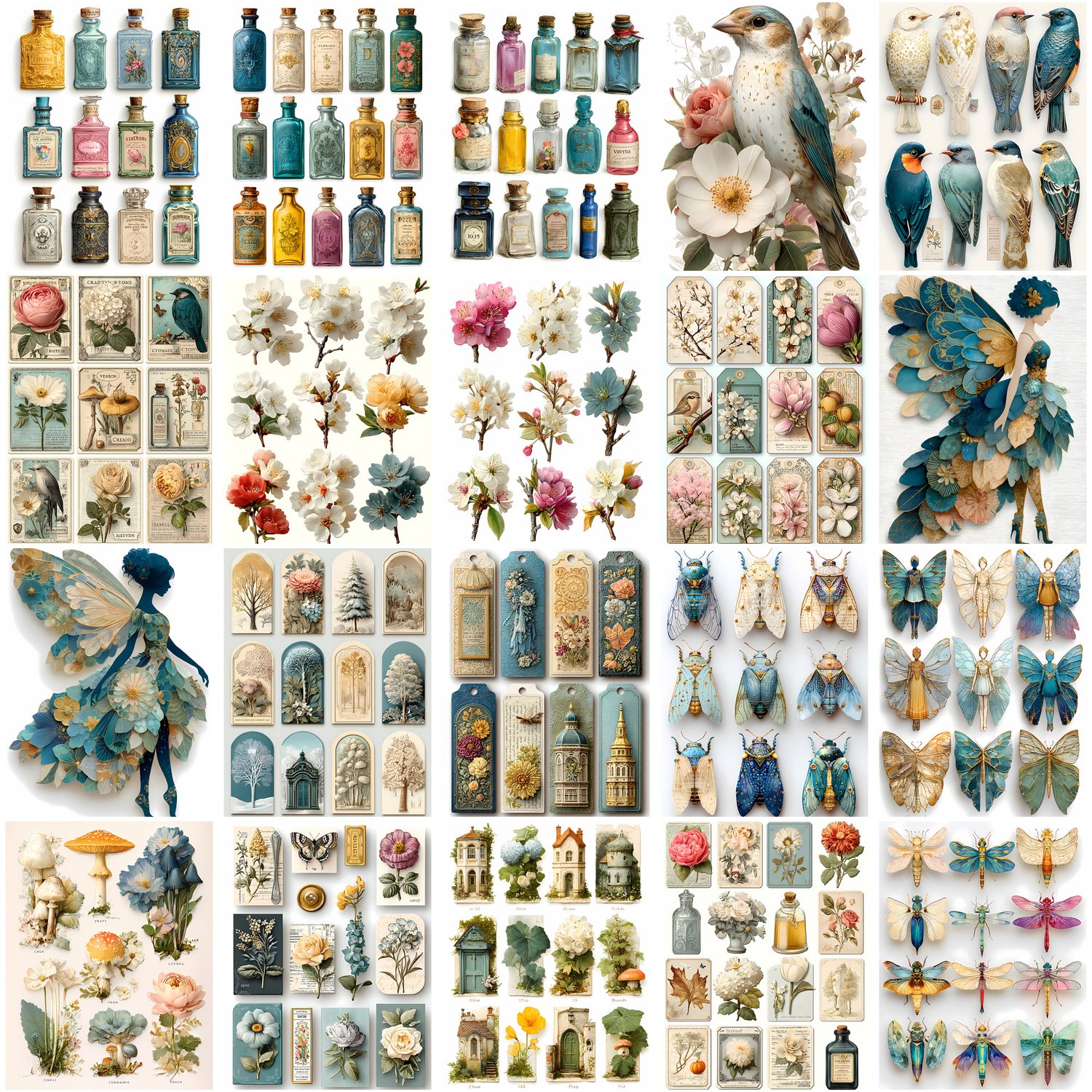 Vintage Ephemera Collage Set, Botanical Cutouts, Shabby Chic Florals ...