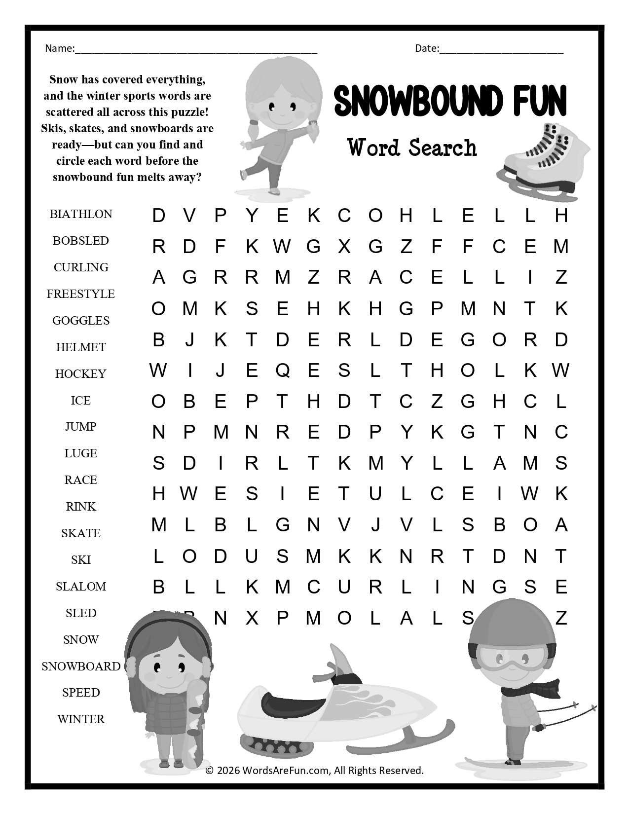 Snowbound Fun Winter Sports Word Search Printable for Kids | Snow Day ...