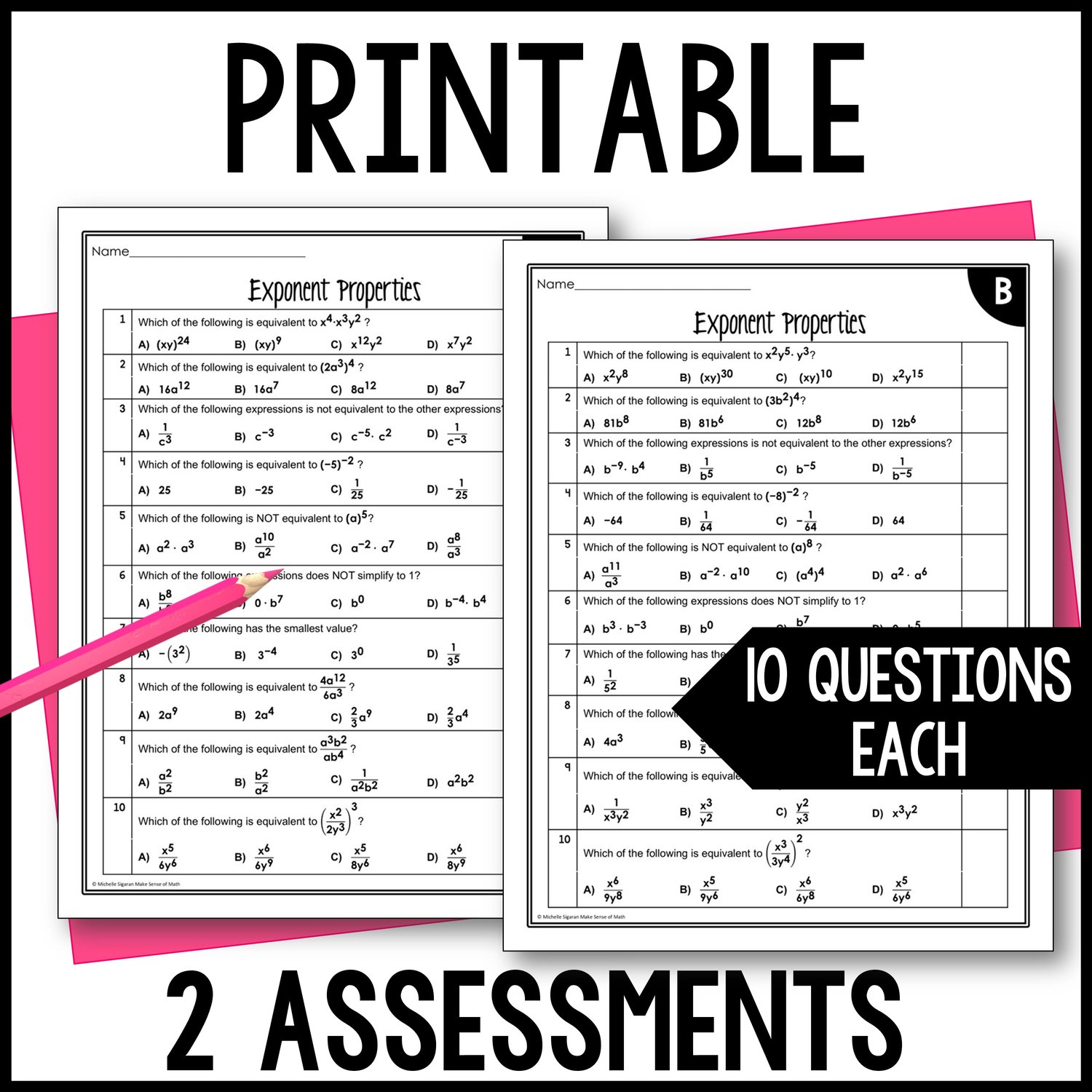 Exponent Rules Assessments Digital and Printable