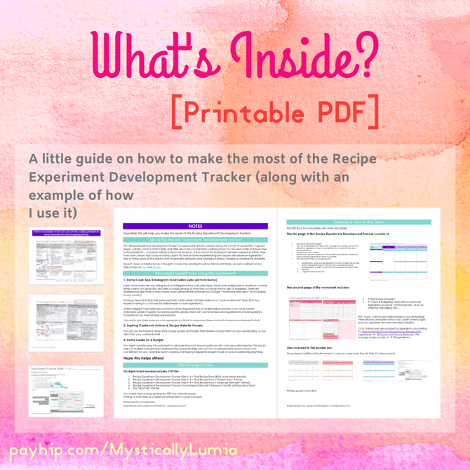 Recipe Experiment Development Tracker (Printable PDF Worksheet for Home ...