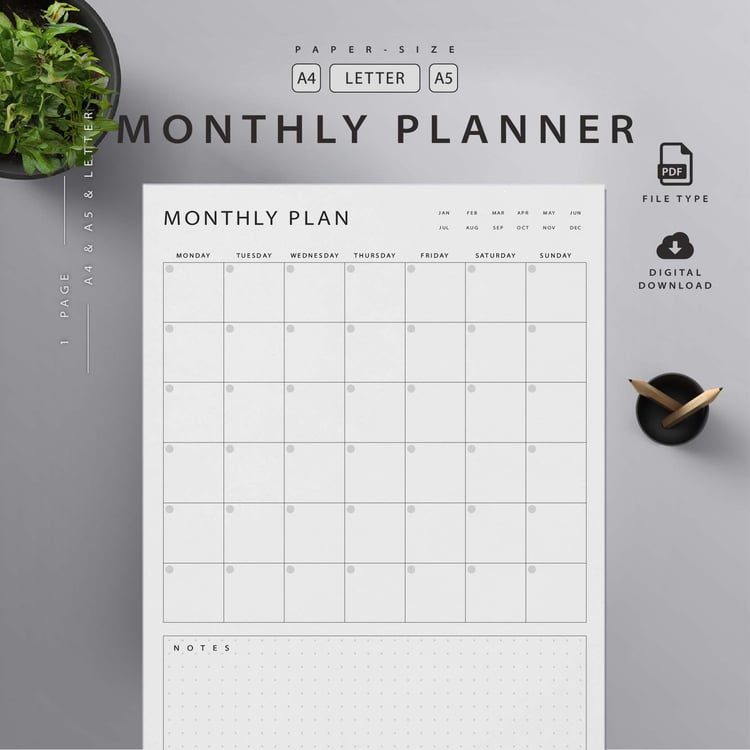 Monthly Calendar Planner Design A4, Letter, A5 Modern
