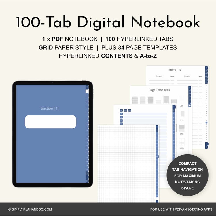 100-Tab Digital Notebook | Lined 'Paper' style | PDF with hyperlinked ...