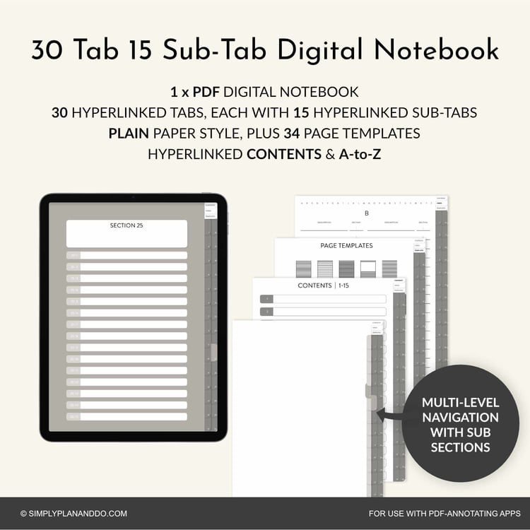 100-Tab Digital Notebook | Plain, Lined, Grid, Dot