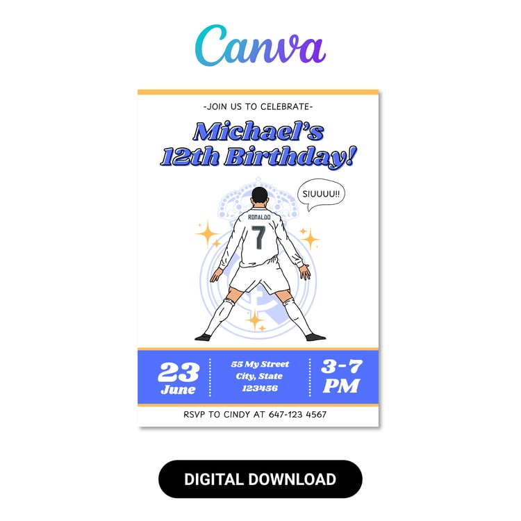Cristiano Ronaldo Birthday Invitation Card, Canva template