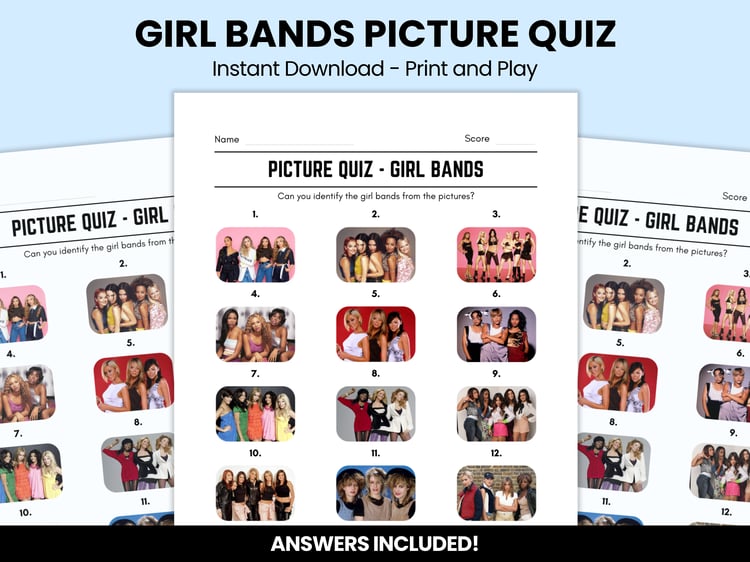 Bands Picture Quiz With Answers – Instant Download