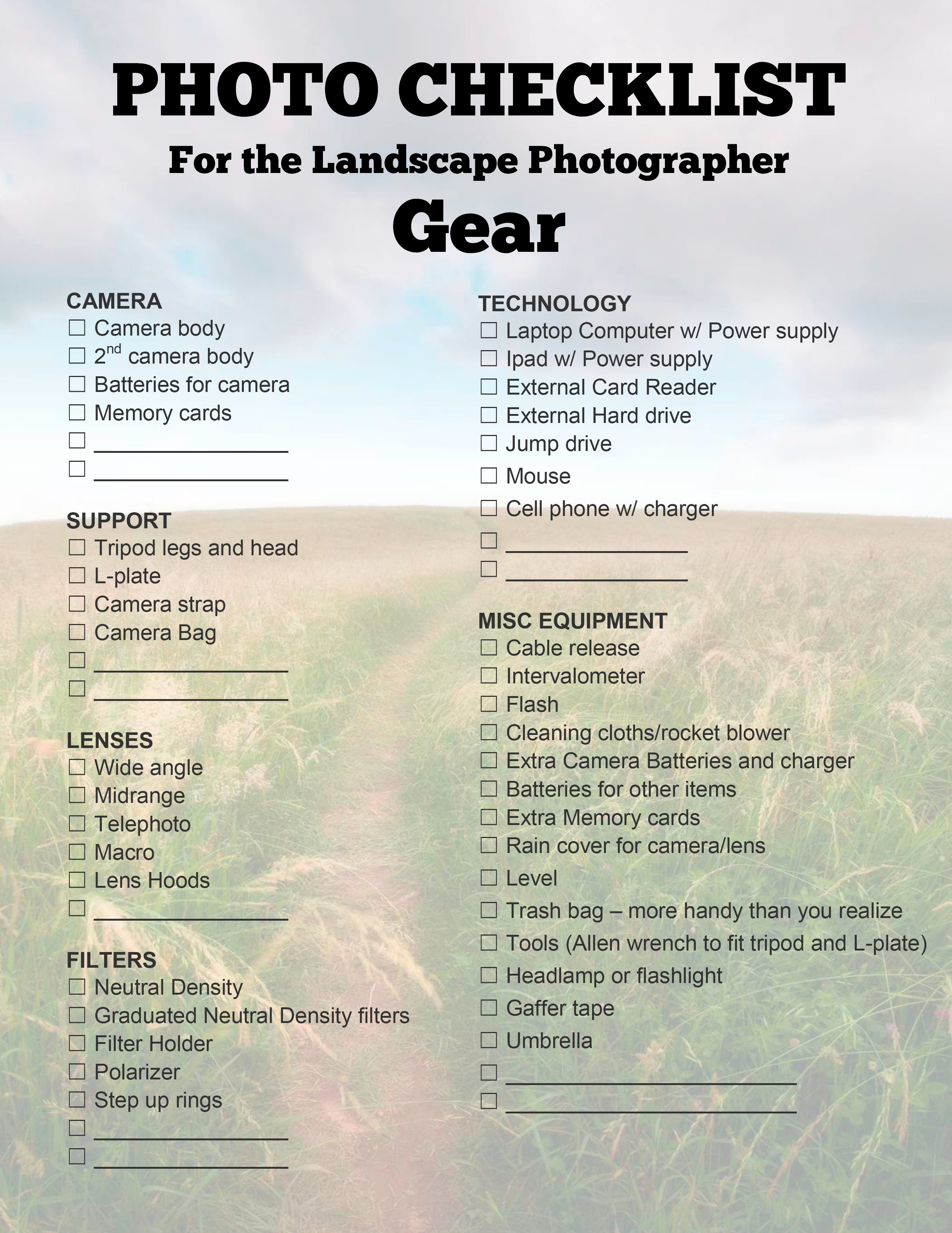 Landscape Photography Gear Checklist - Payhip