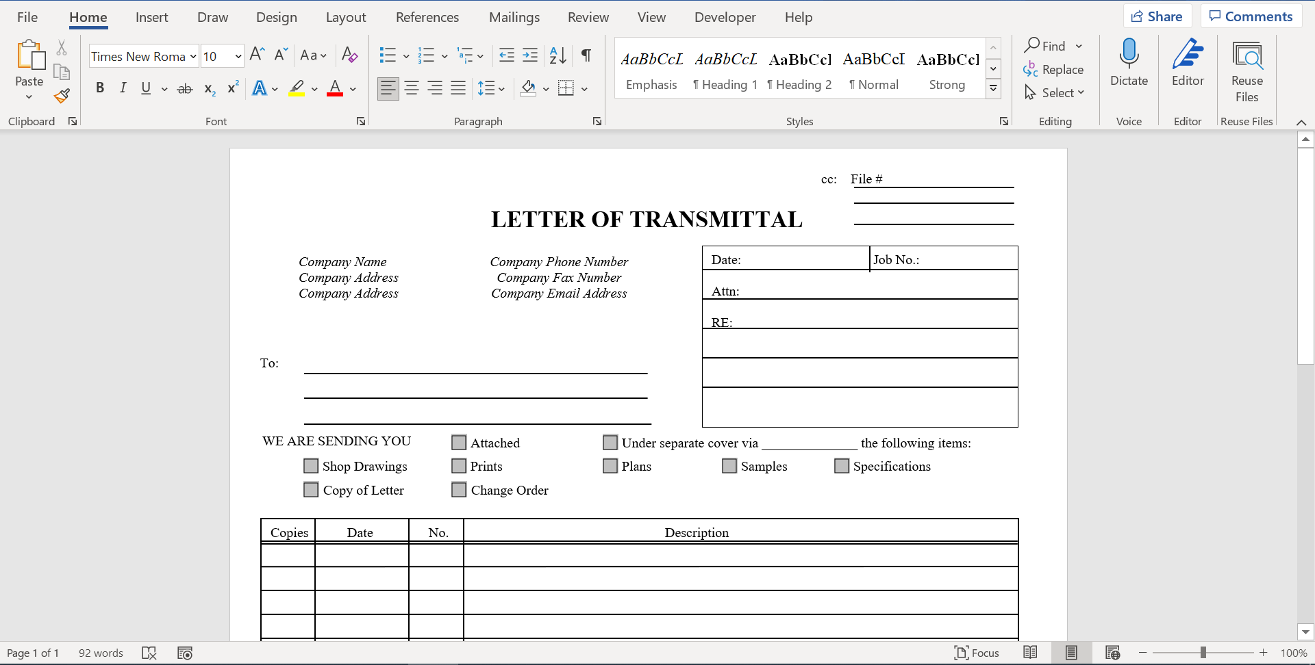 Letter of Transmittal Template (Word Template) - Payhip