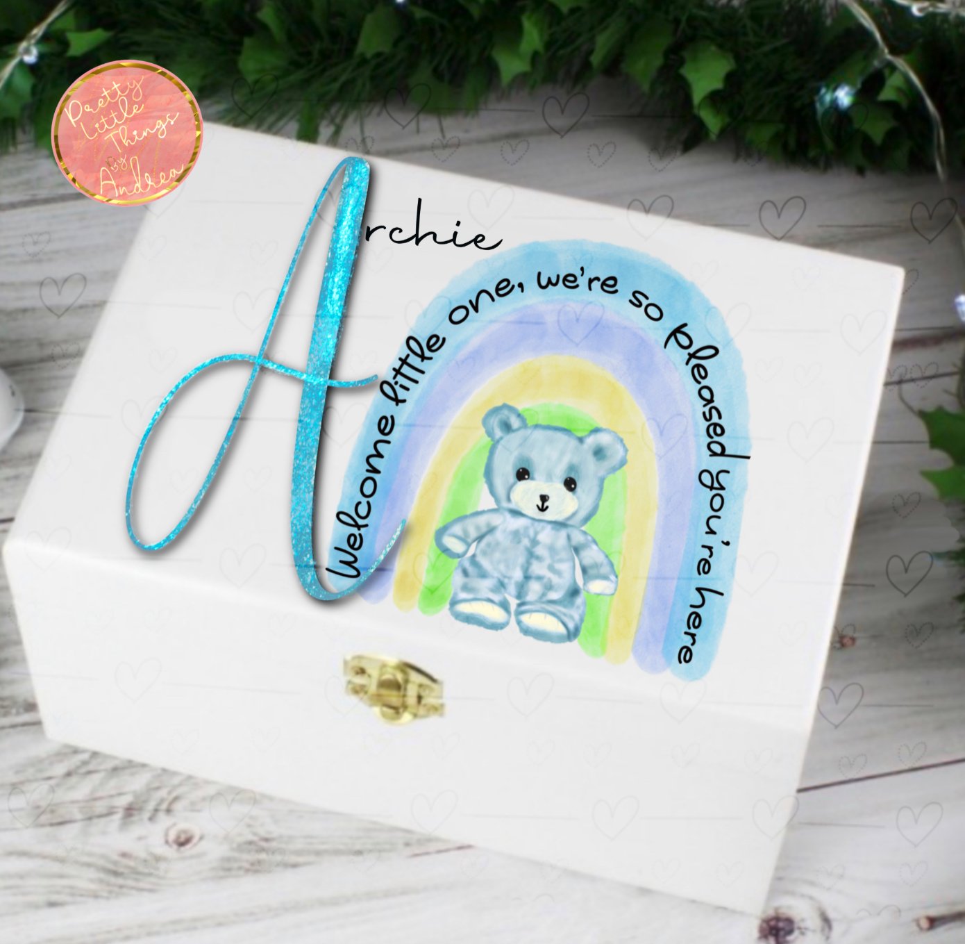 ‘Welcome little one, we’re so pleased you’re here’ blue glitter ...