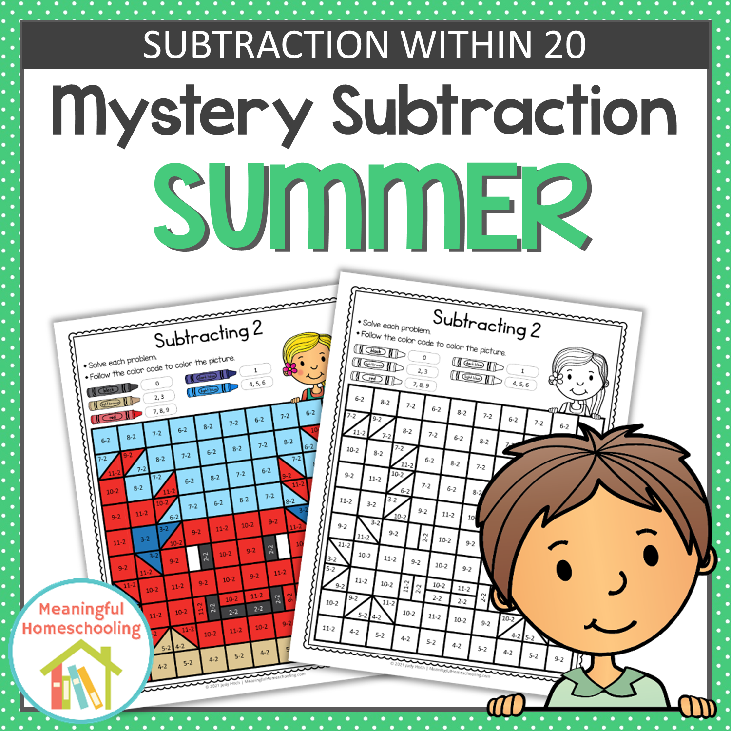 Summer Subtraction Mystery Pictures (Subtraction Within 20)