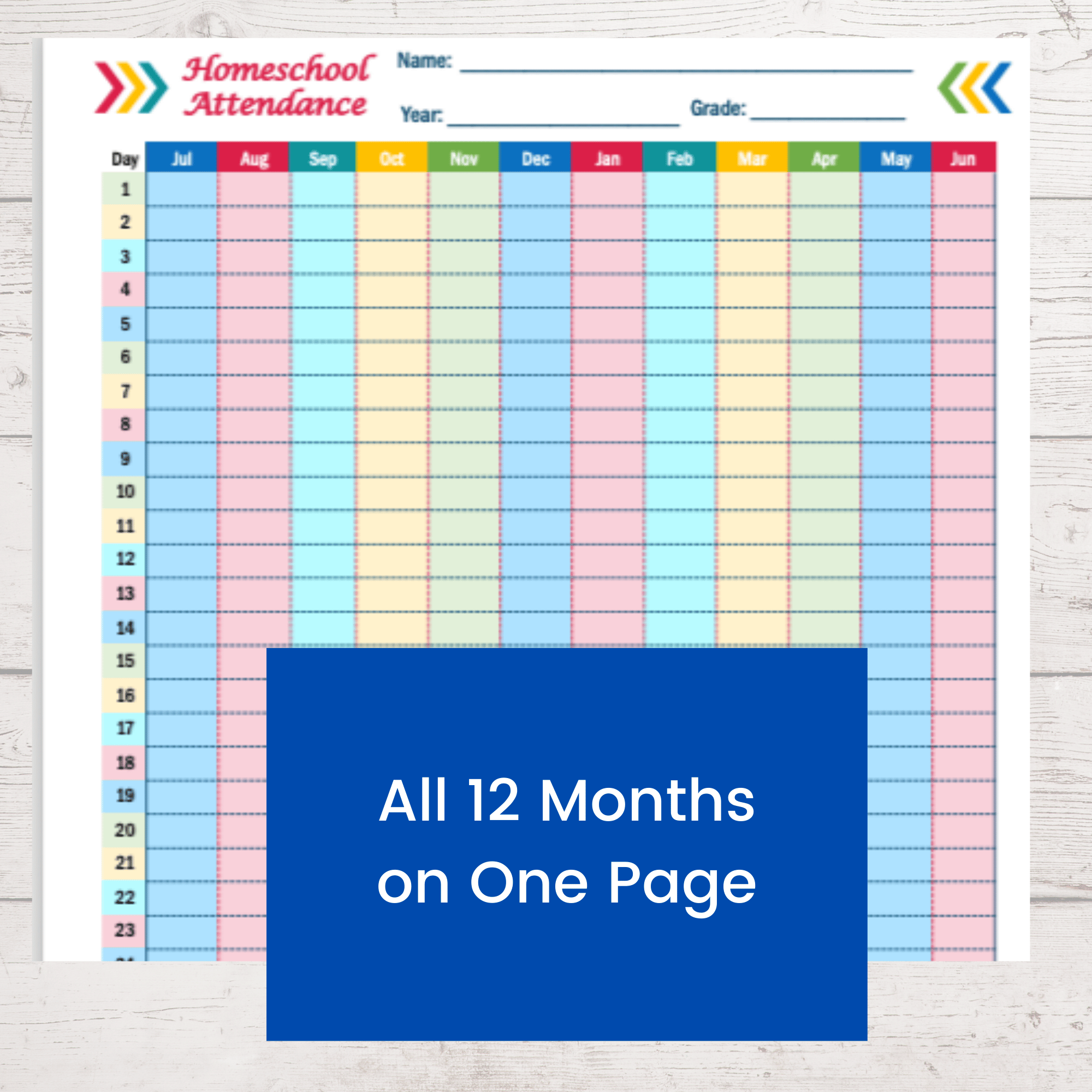 Printable Homeschool Attendance Record - Yearly, One Page - Payhip
