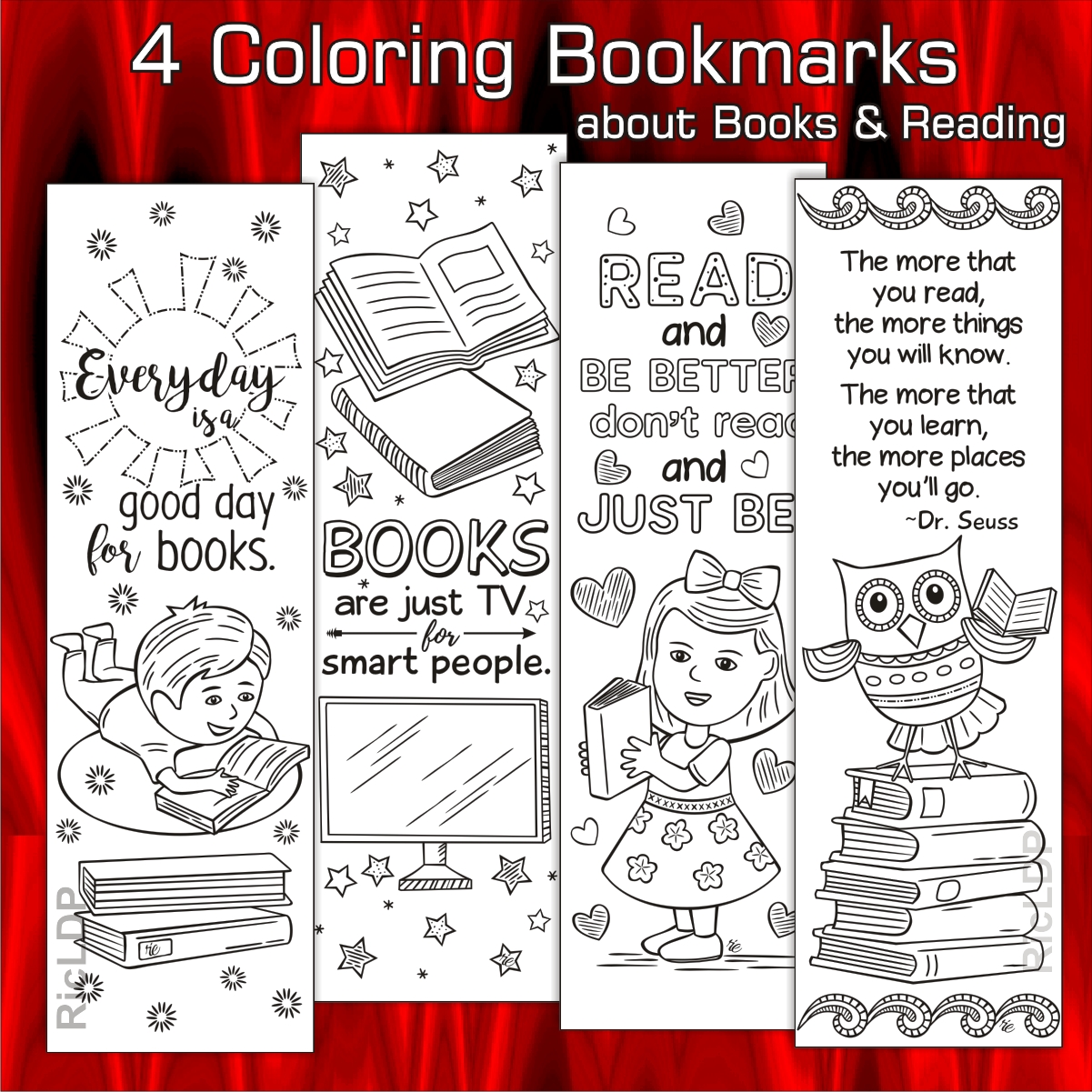 Coloring Bookmarks on Books and Reading - A Printable Set of 4 - Payhip
