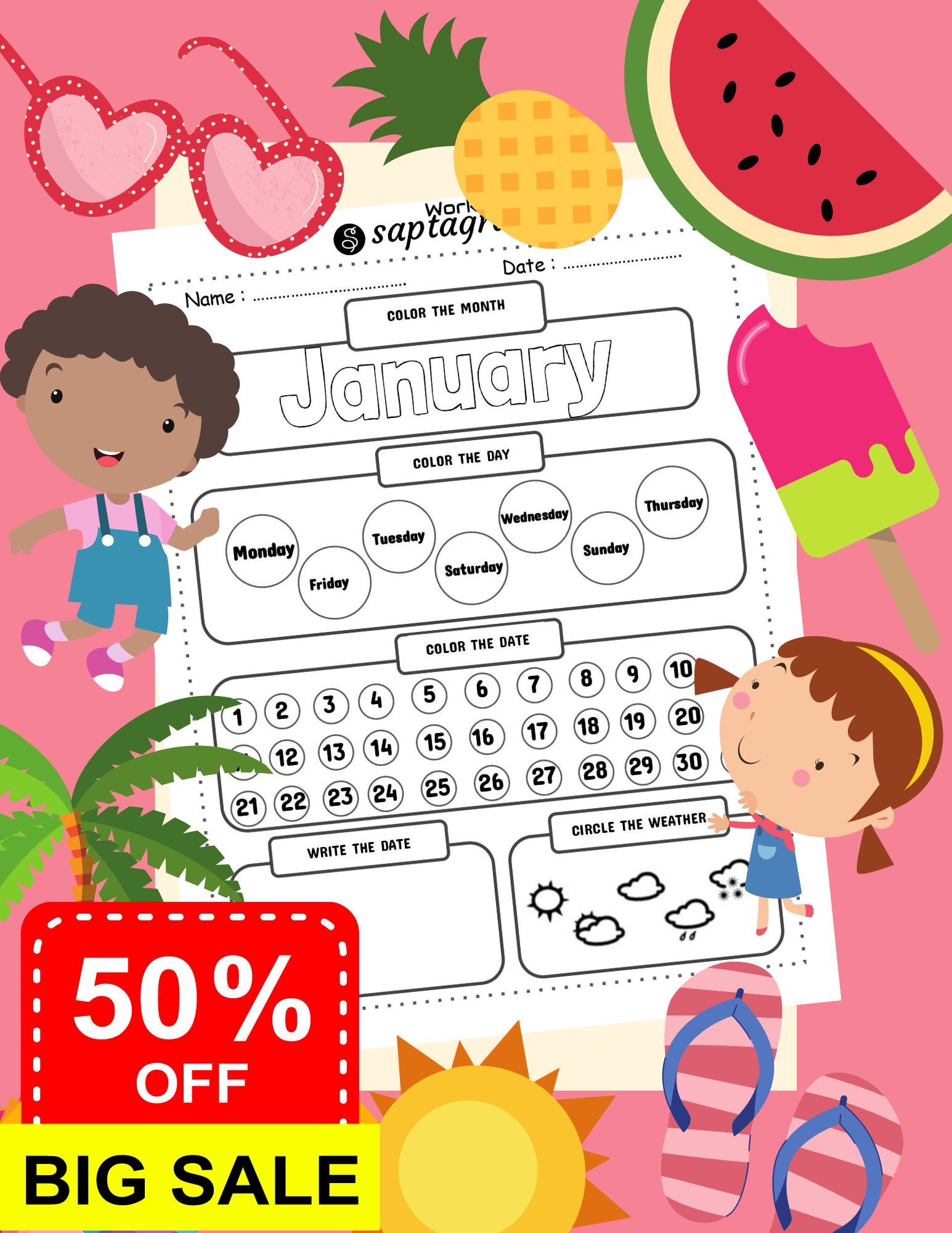 12 Printable Preschool Calendar Worksheet Pages. Color Month, Day, Date ...