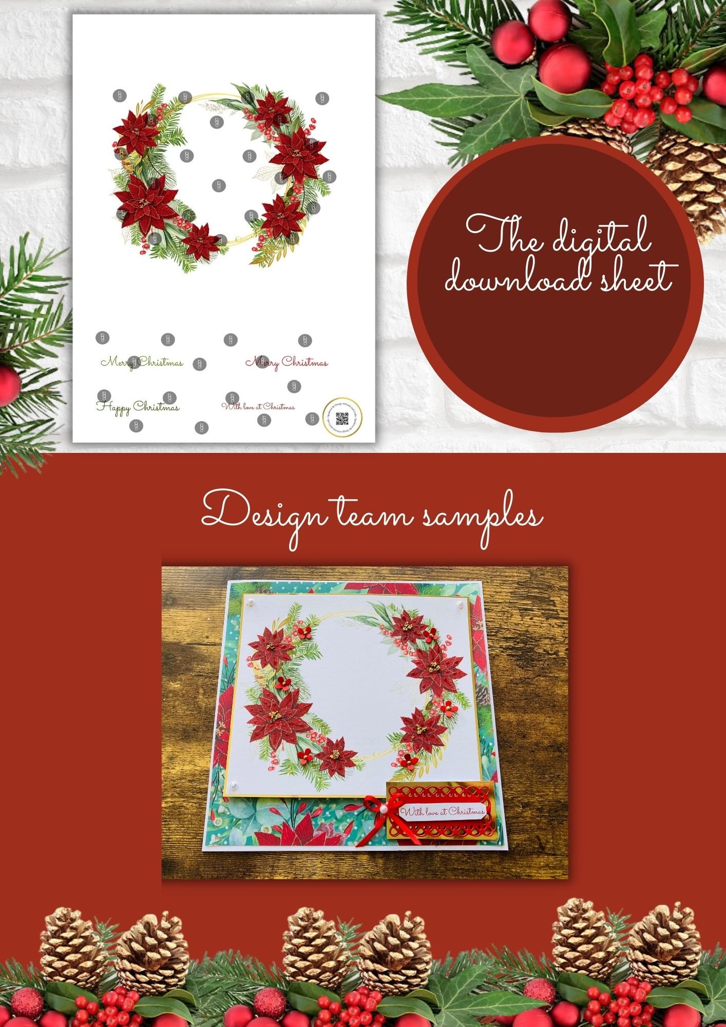 Red Poinsettia Christmas Wreath Topper Design Sheets PDF Digital Download