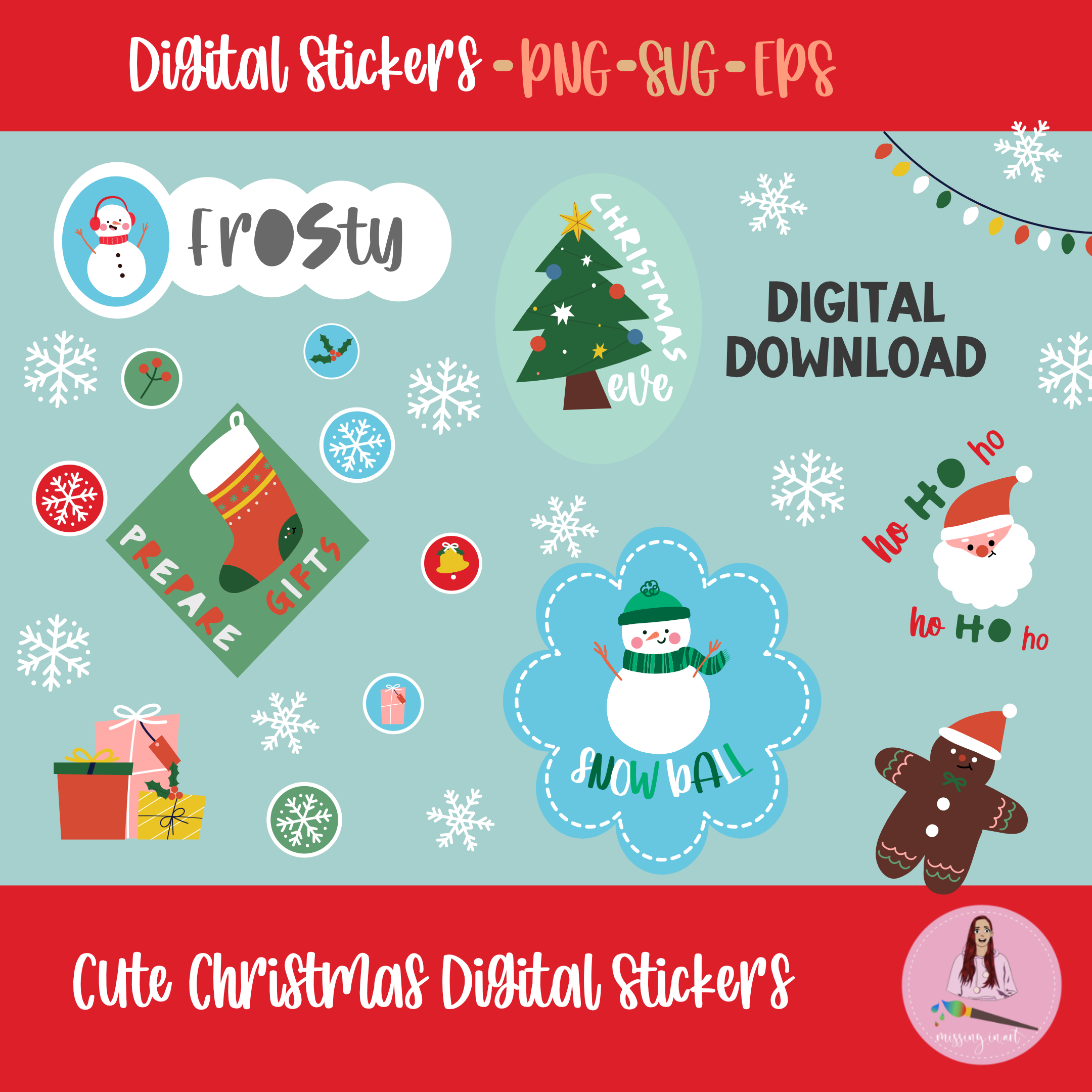 Cute Christmas Digital Stickers 24 Stickers PNG, SVG, EPS