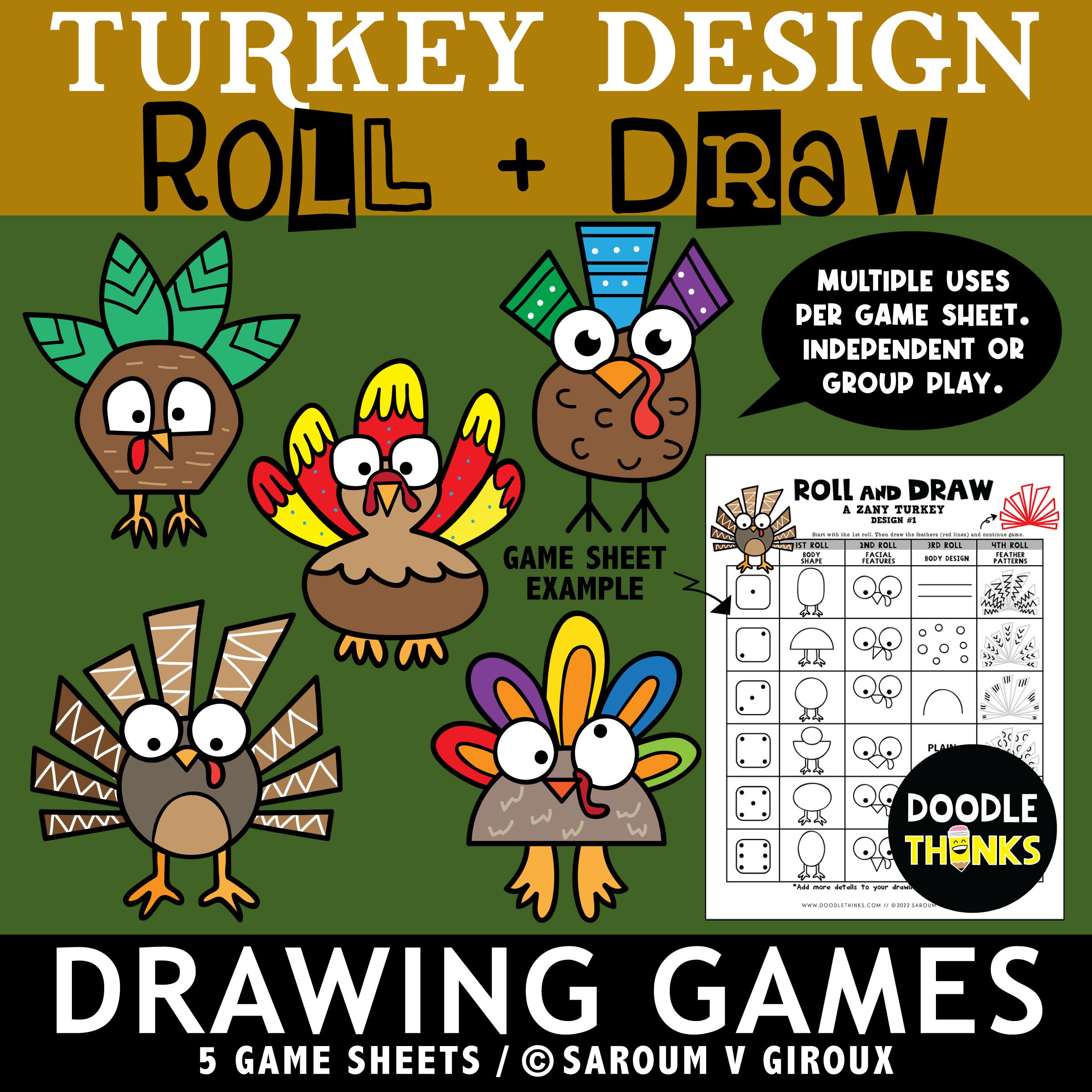 Creative Turkey Design Roll and Draw Game Sheets | NO PREP Drawing ...