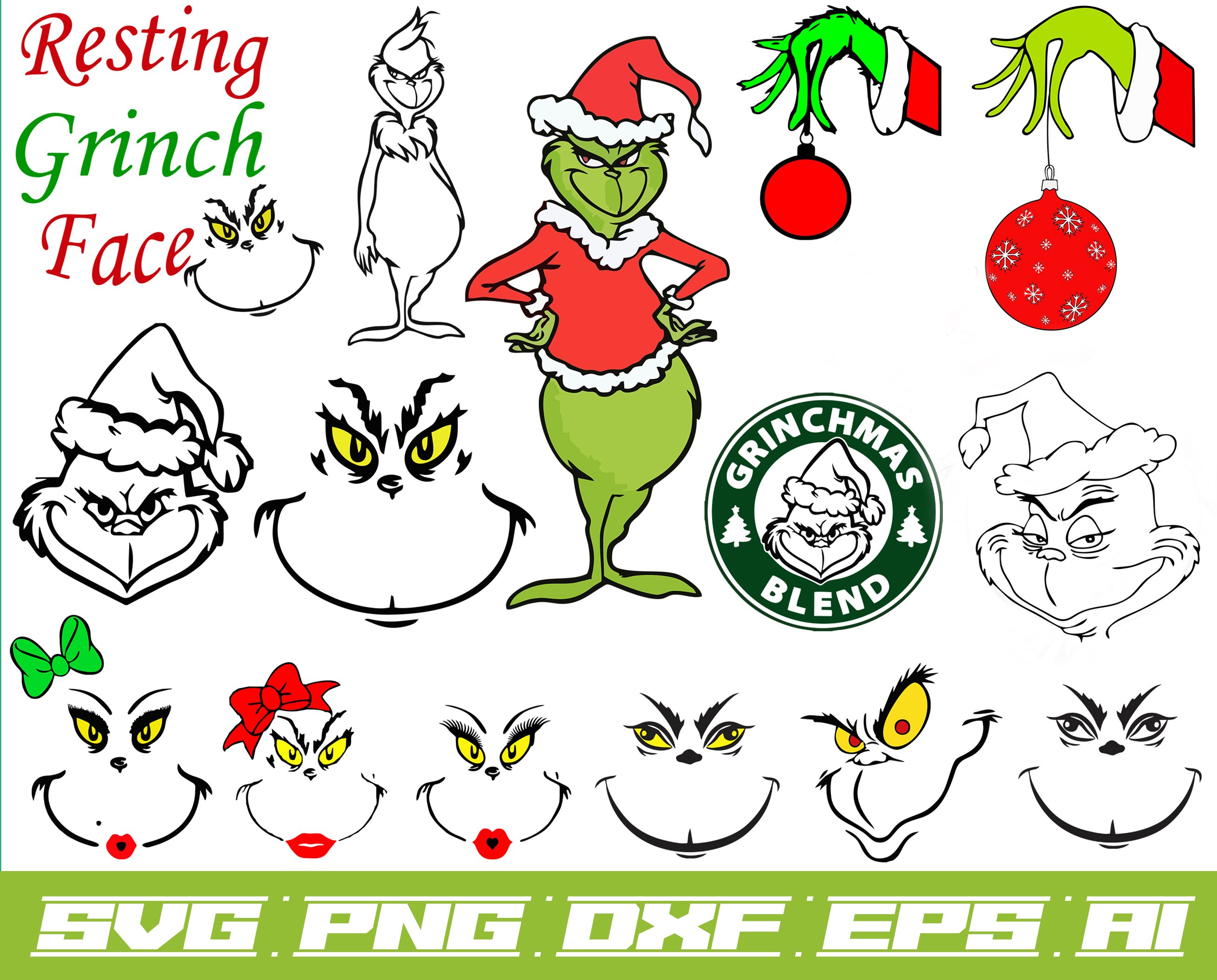 Grinch SVG, PNG, DXF, EPS, AI, Grinch face SVG, Grinch Cut files ...