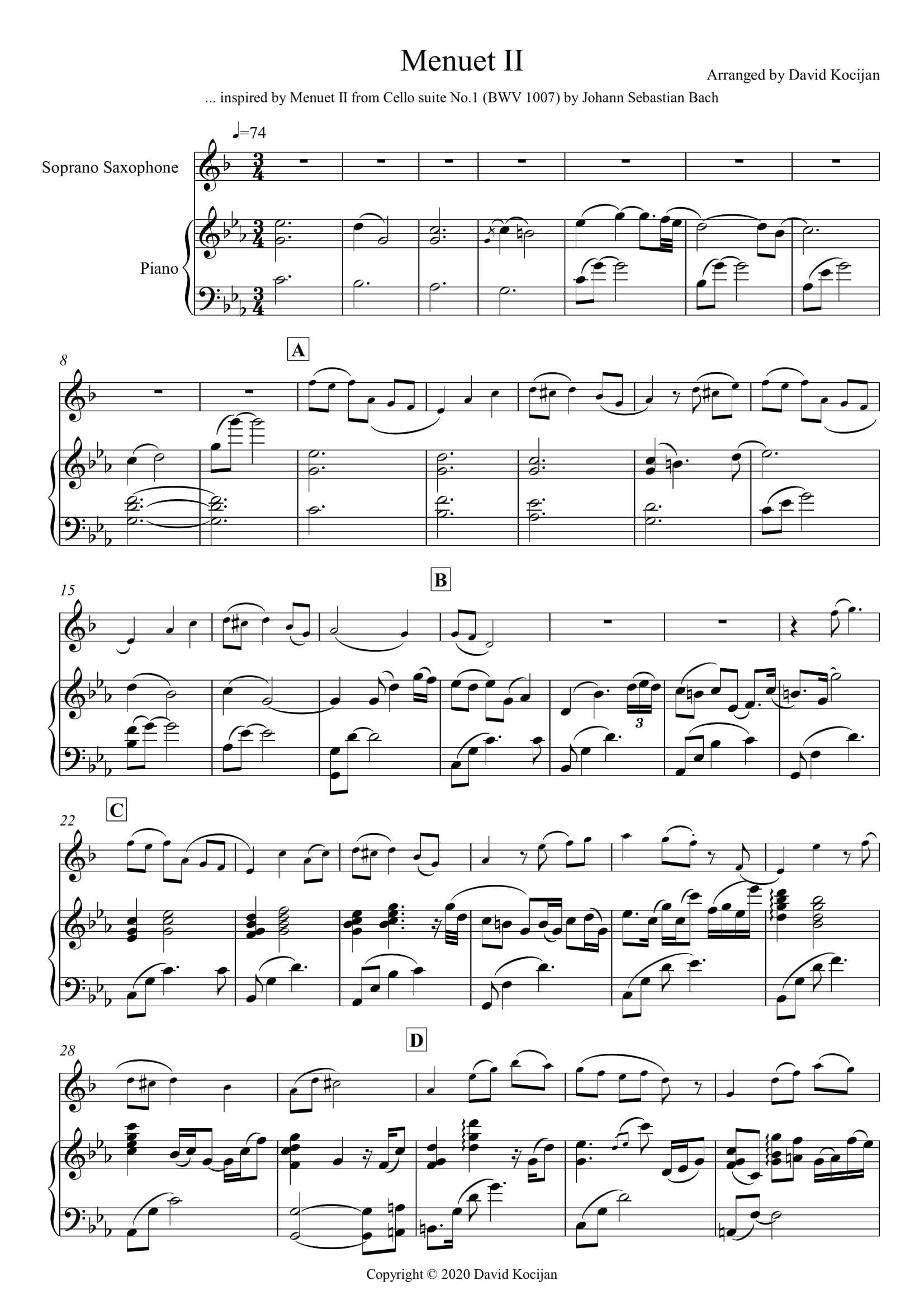 Bach: Minuet II from Cello suite No.1 (soprano sax & piano) EASY SHEET ...