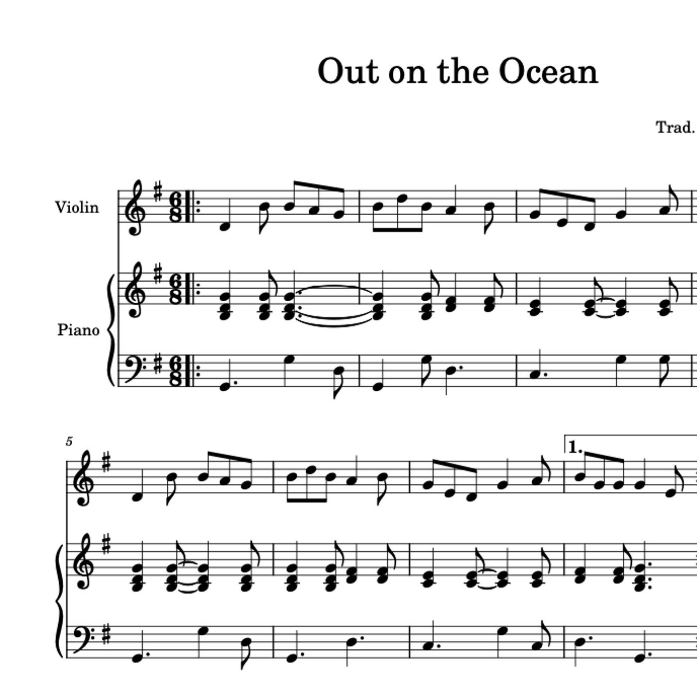 Out on the Ocean folk fiddle and piano duet pdf sheet music playalong ...