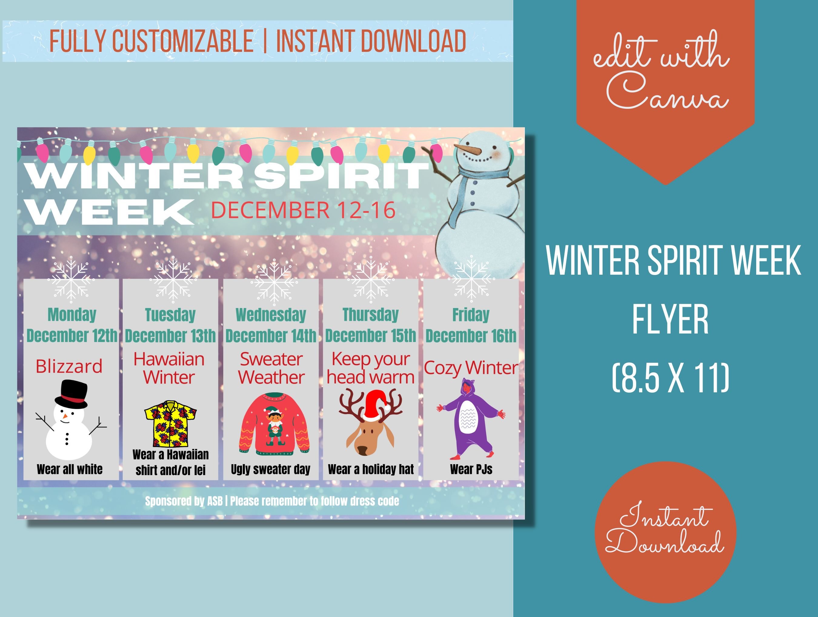 Winter Spirit Week School Flyer 8.5 x 11 Editable Digital Template