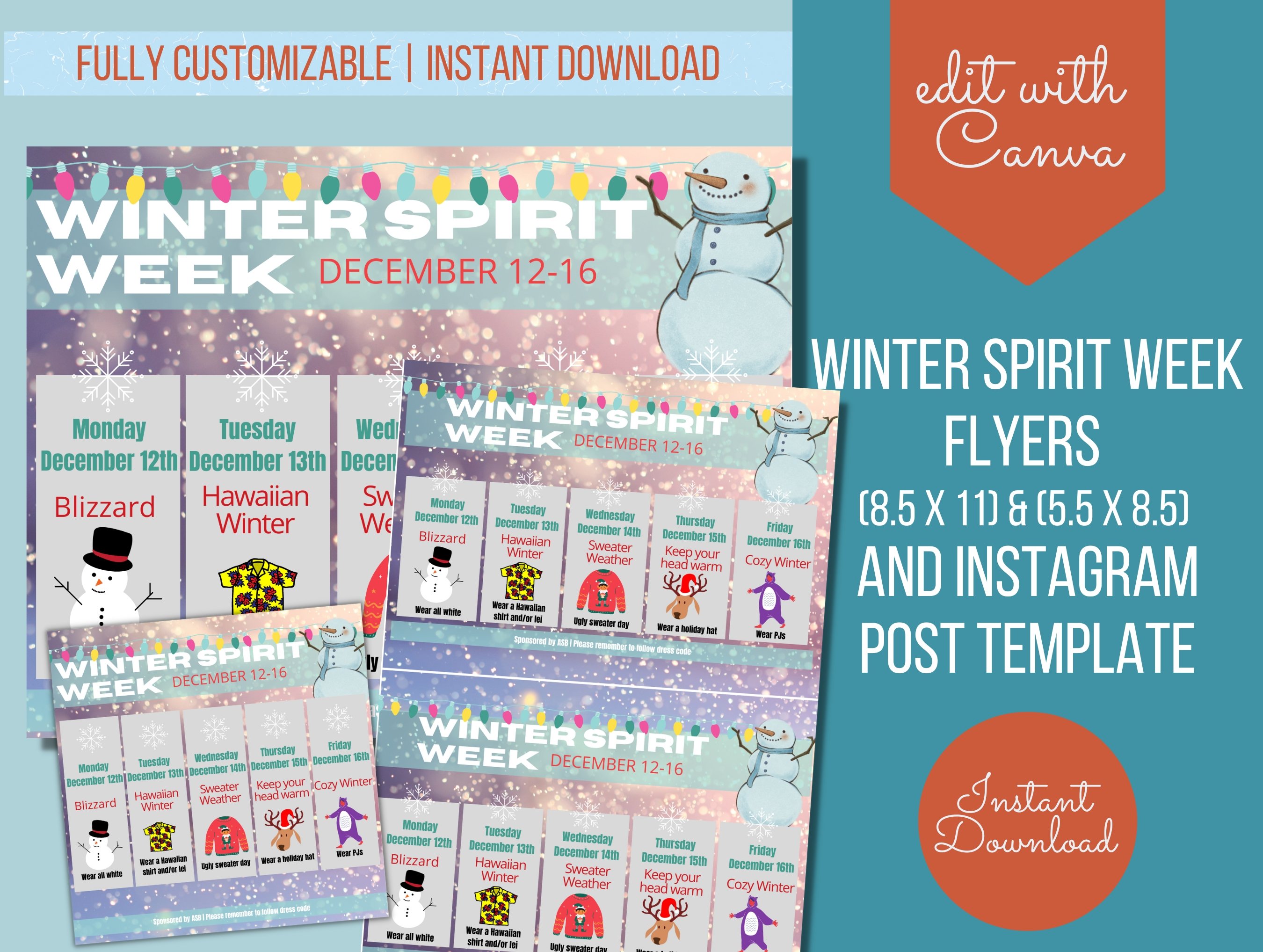 Winter Spirit Week School Flyer | Editable Digital Template | 8.5 x 11 ...