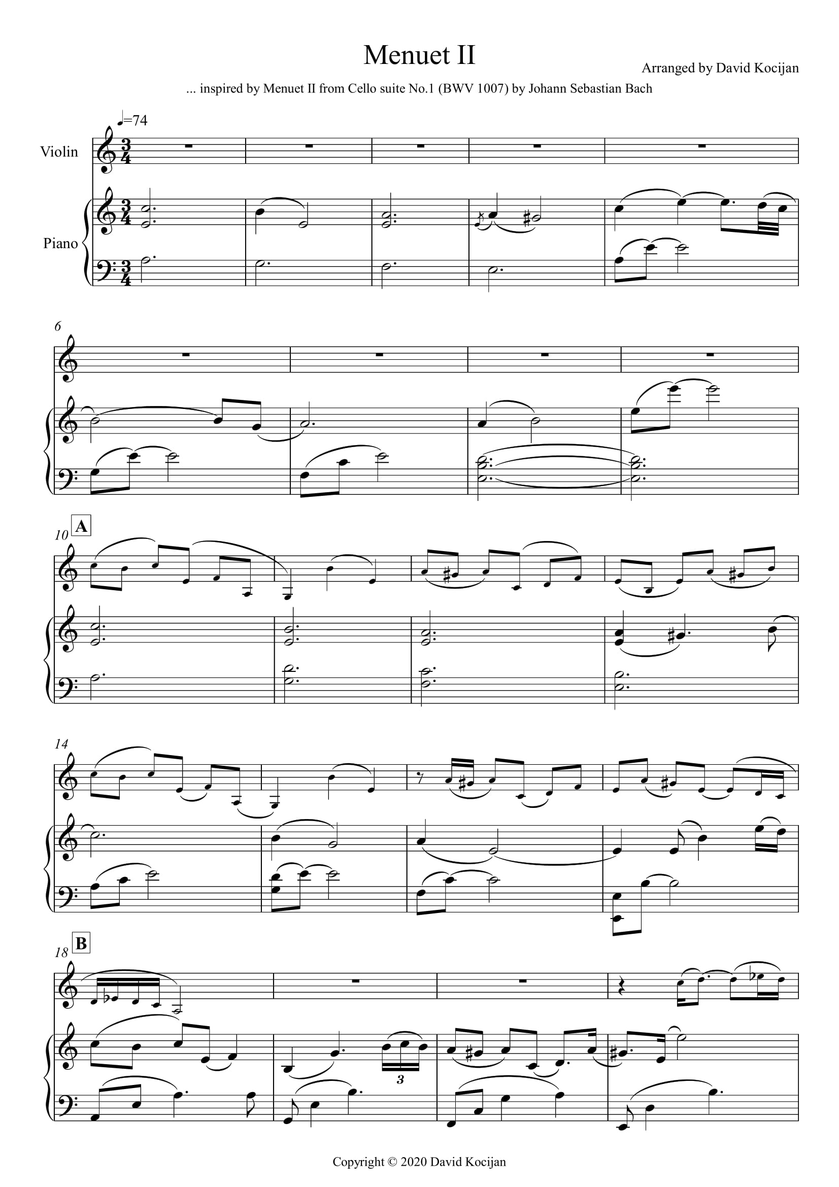 Bach: Minuet II (violin & piano) INTERMEDIATE SHEET MUSIC & backing ...