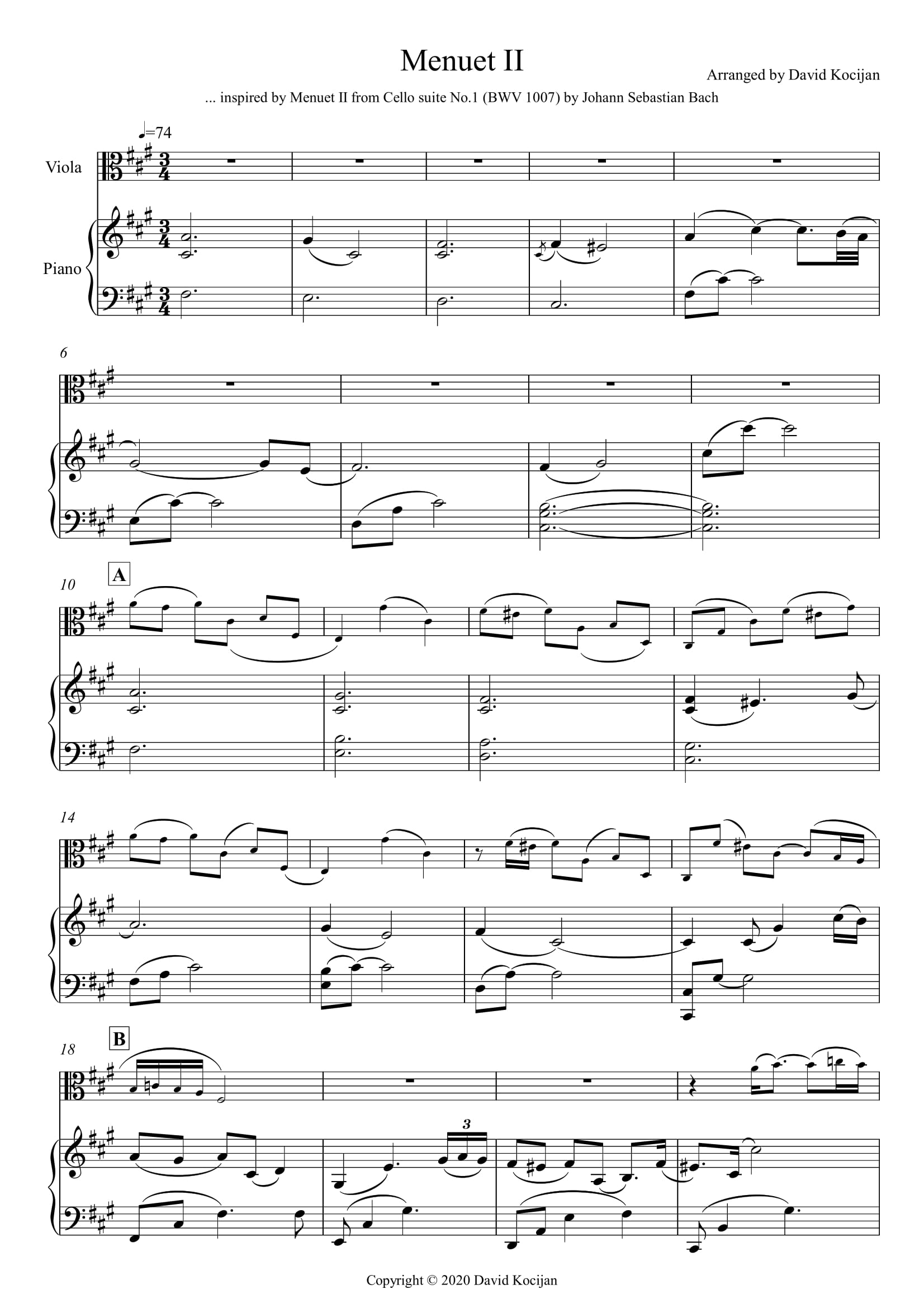 Bach: Minuet II (viola & piano) INTERMEDIATE SHEET MUSIC & backing ...