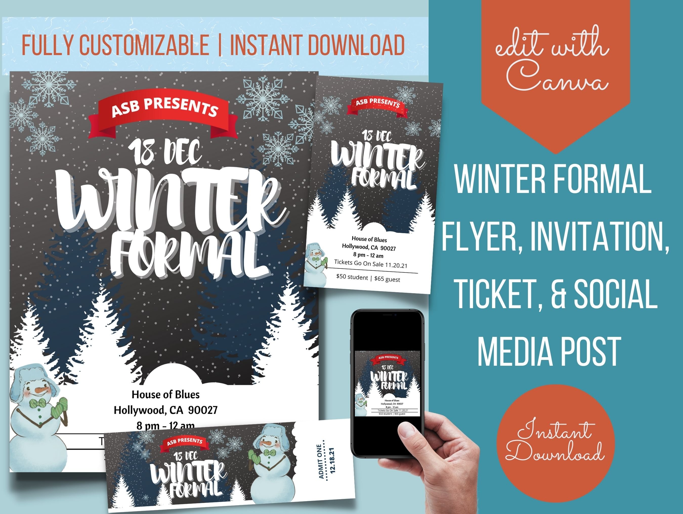 Winter Formal Flyer, Ticket, Invite, Social Media Template