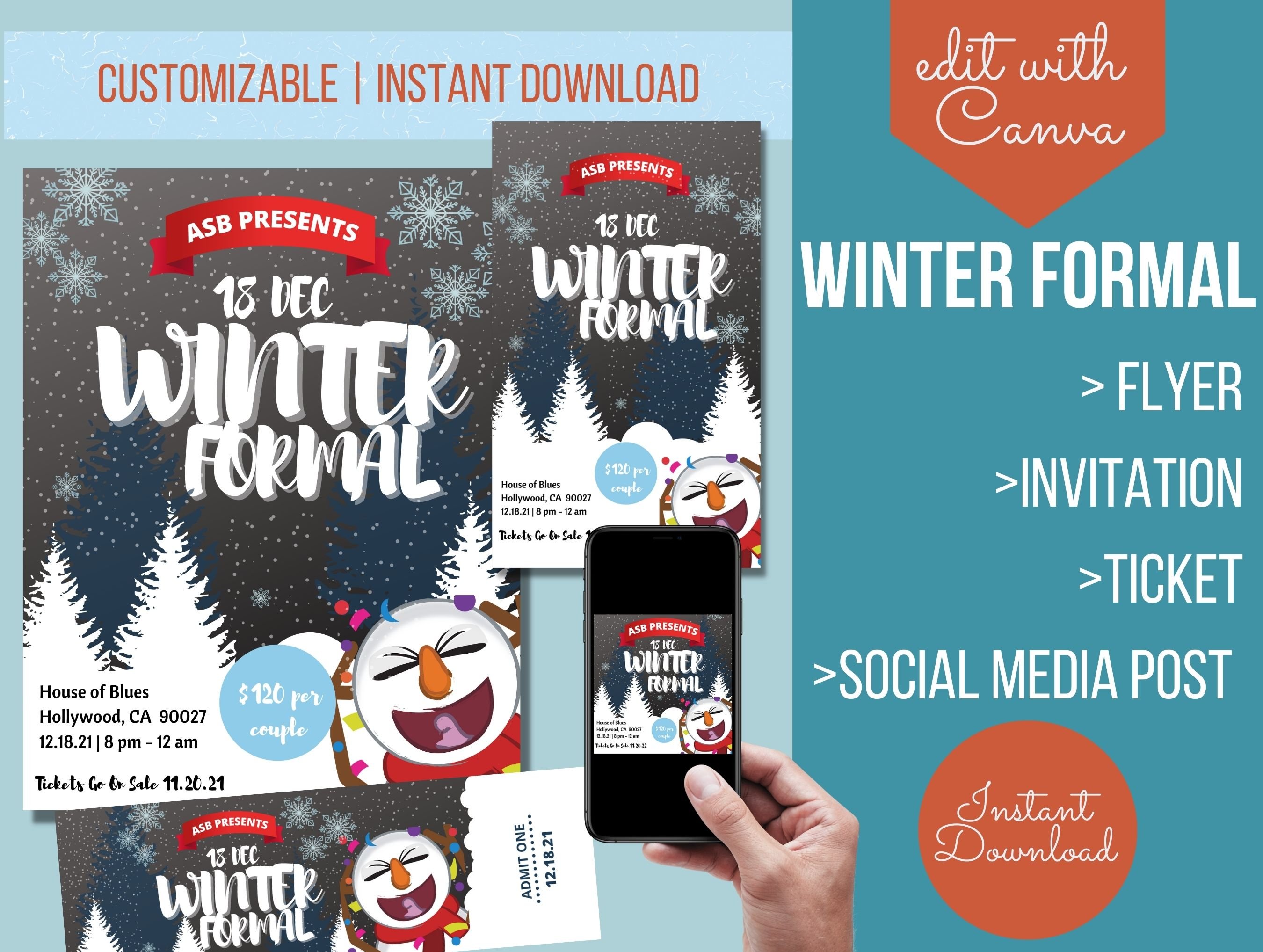 Winter Formal School Flyer Template , Ticket Invitation, Editable