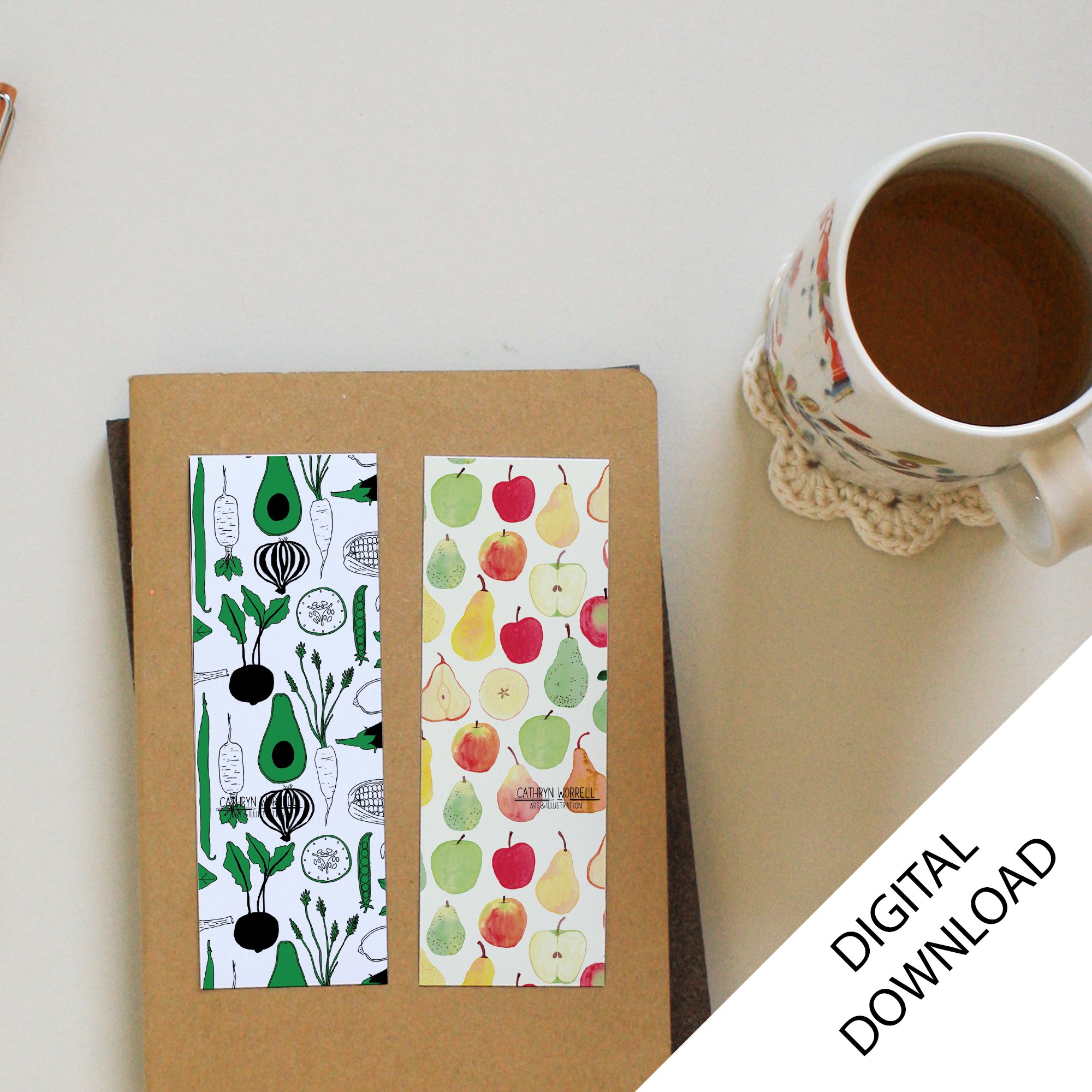 Set of 2 printable bookmarks, fruit and vegetables illustrations - Payhip