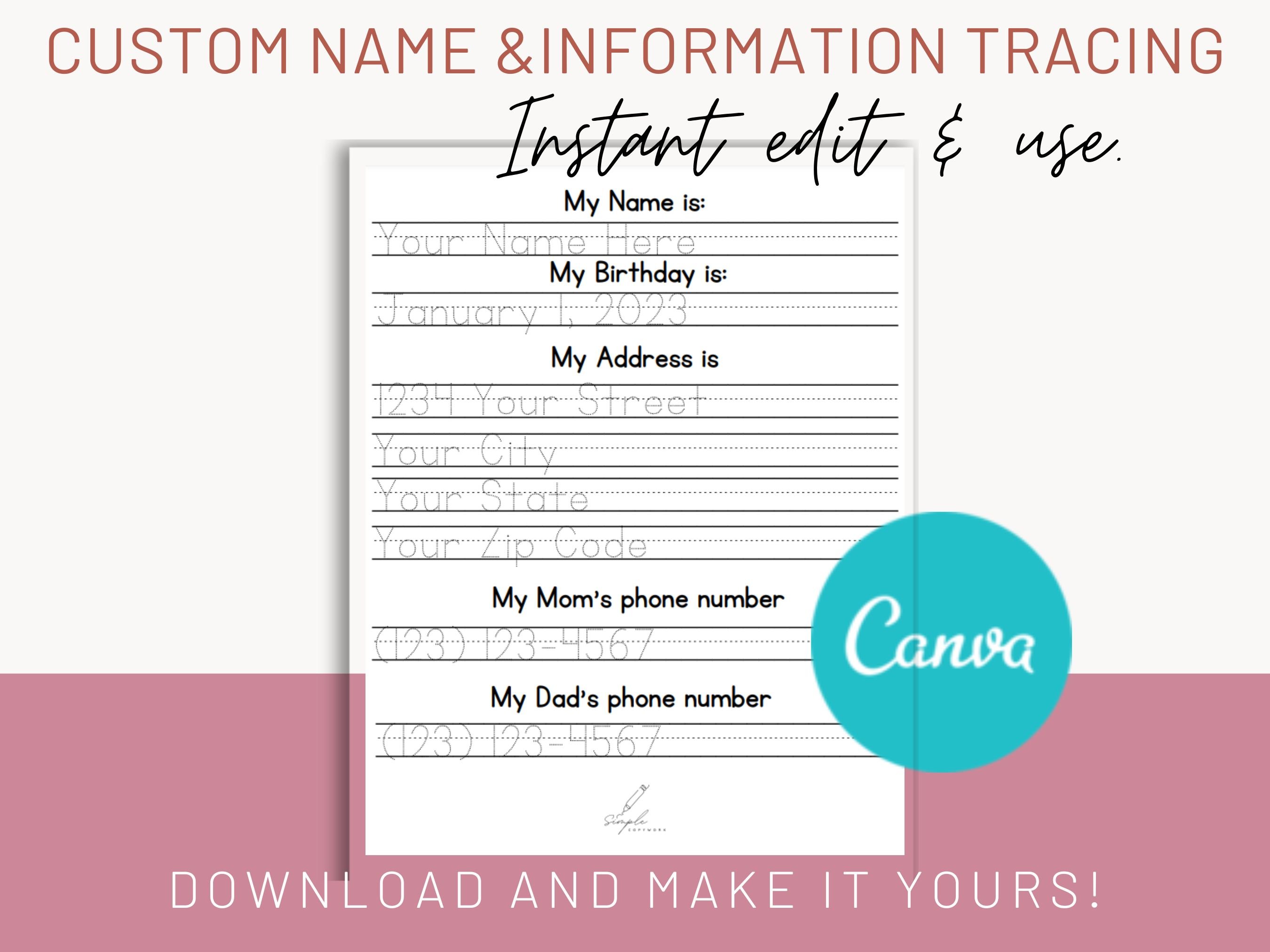 Editable Name, Address Tracing Worksheet, Canva Template, 60 pt TRACING ...