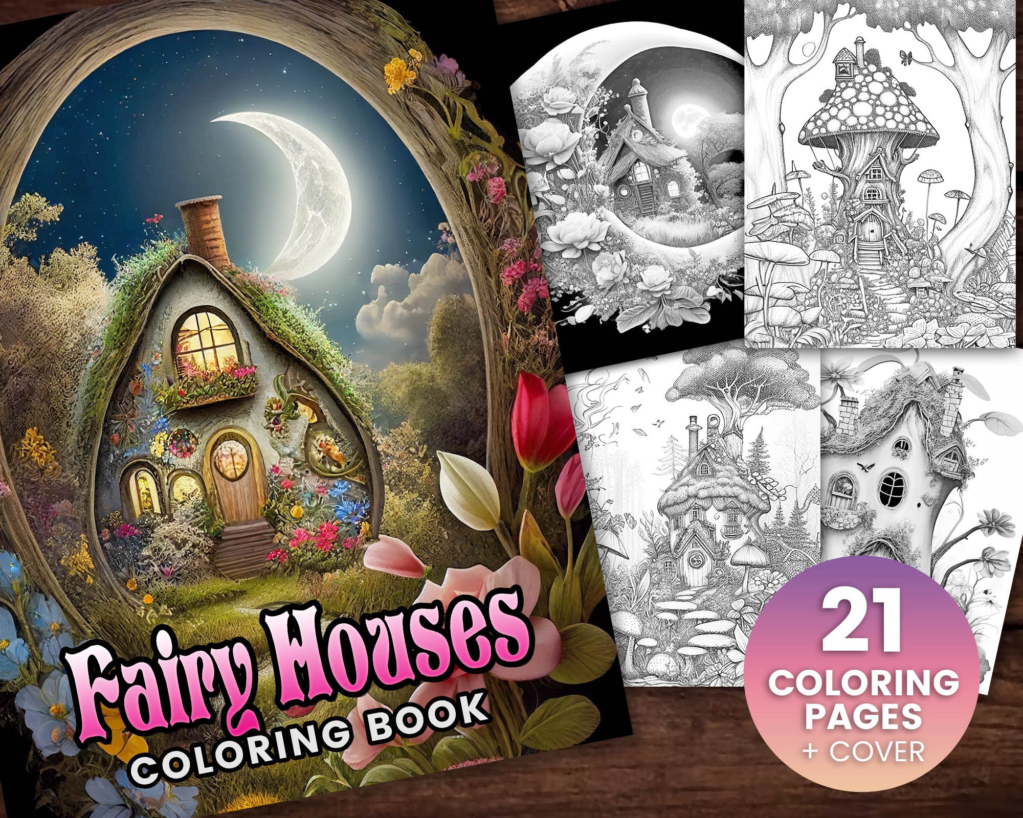 21 Fairy Houses Coloring Book, Adults kids Instant Download -Grayscale ...