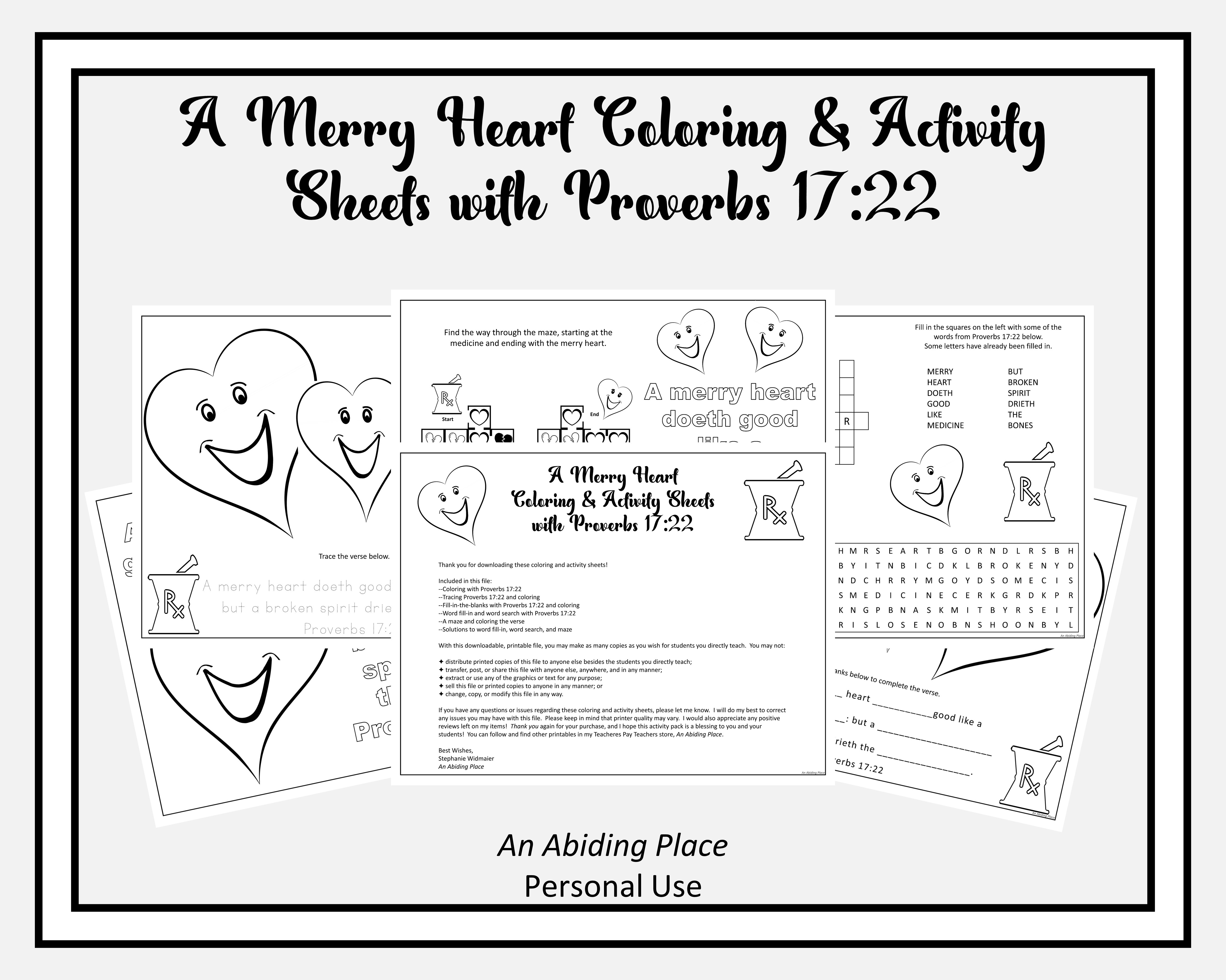 A Merry Heart Coloring & Activity Sheets with Proverbs 17:22 - Payhip