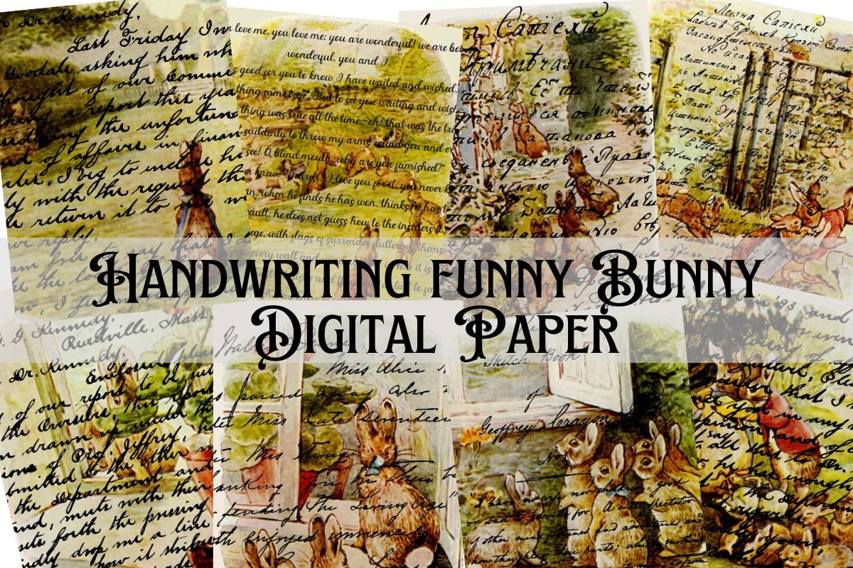 Handwriting funny Bunny Digital Paper, Handwriting and Watercolor Funny ...