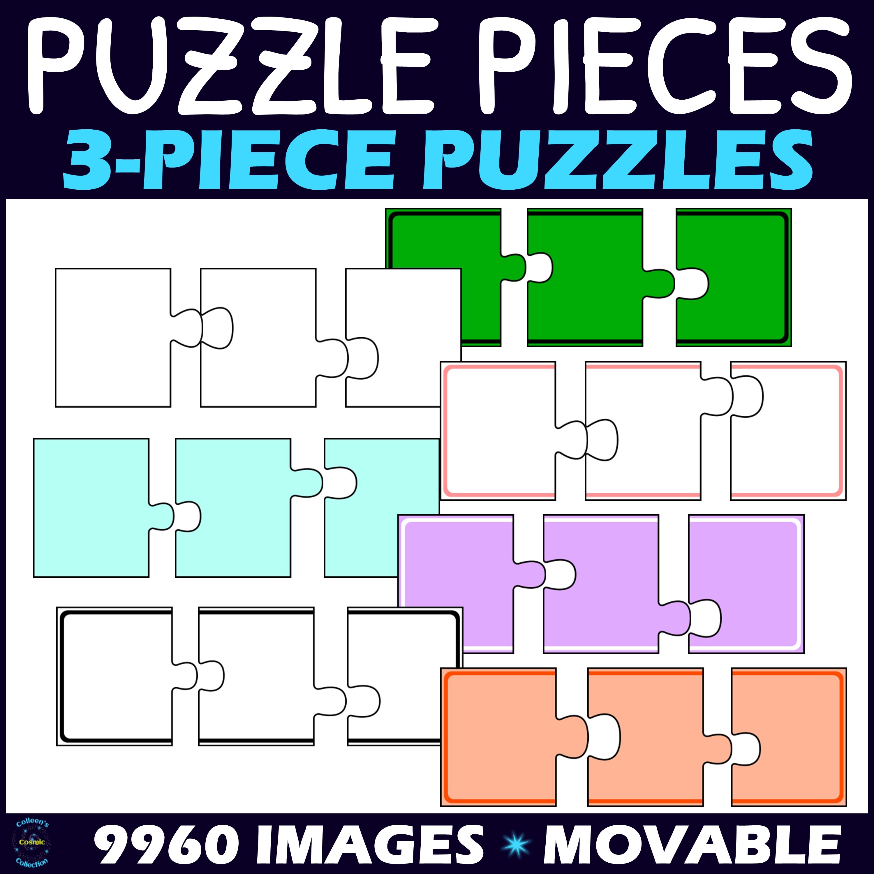 3 Piece Puzzle Pieces Clipart - 20 Unique Self Correcting Puzzles