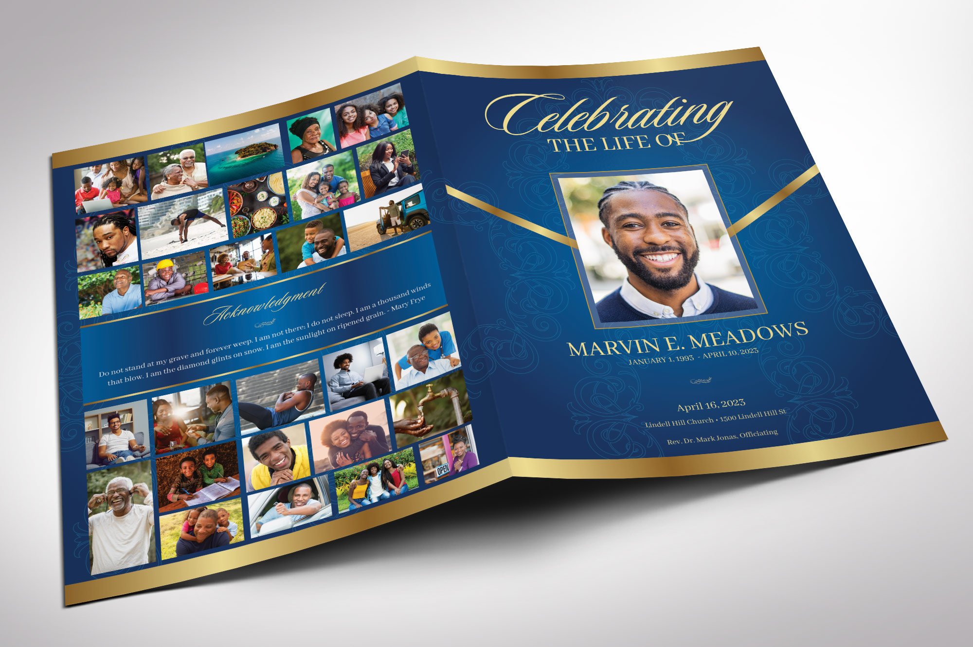 Victory Funeral Program Template for Canva - Blue and Gold ...