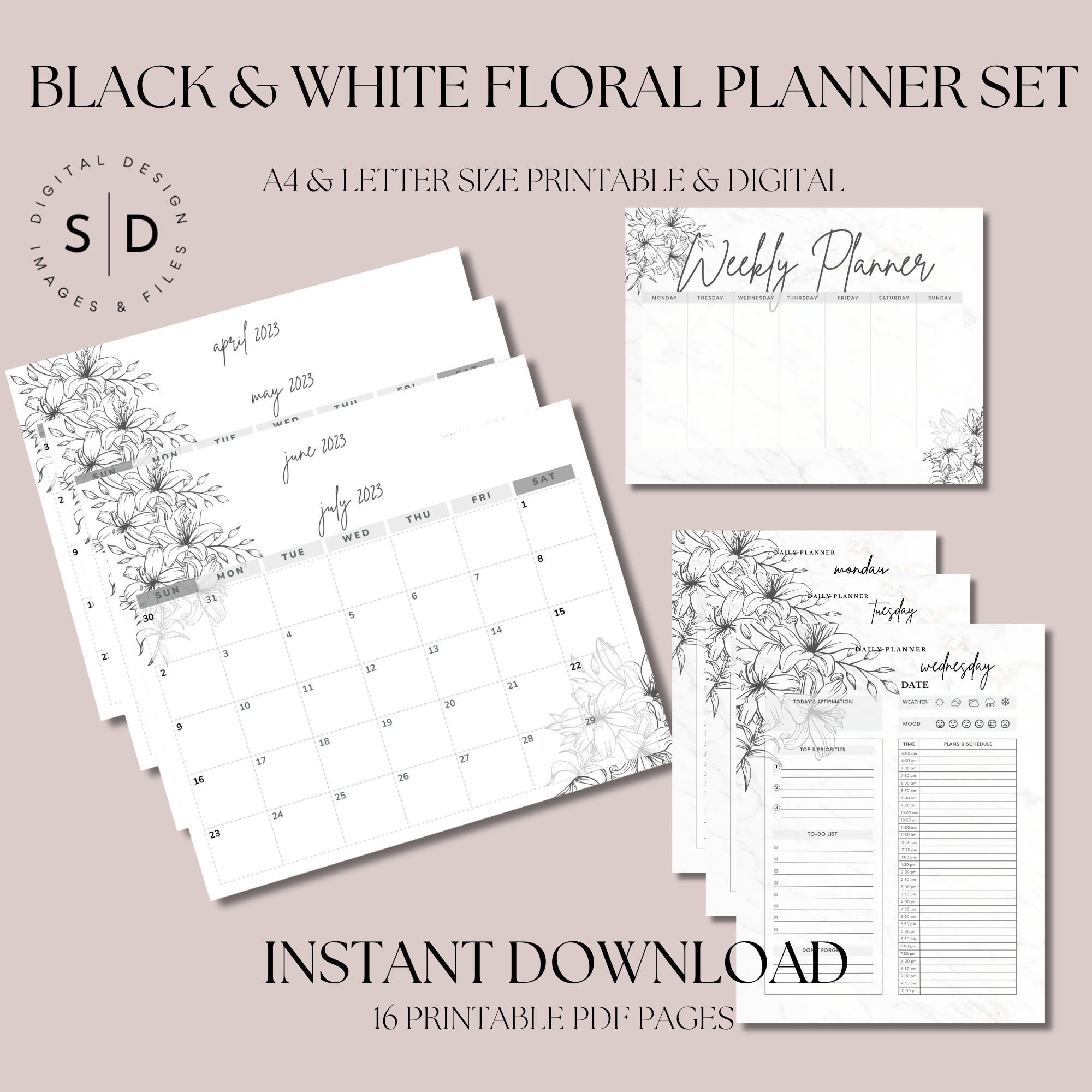 Black & White Floral Printable Planner Set - Payhip