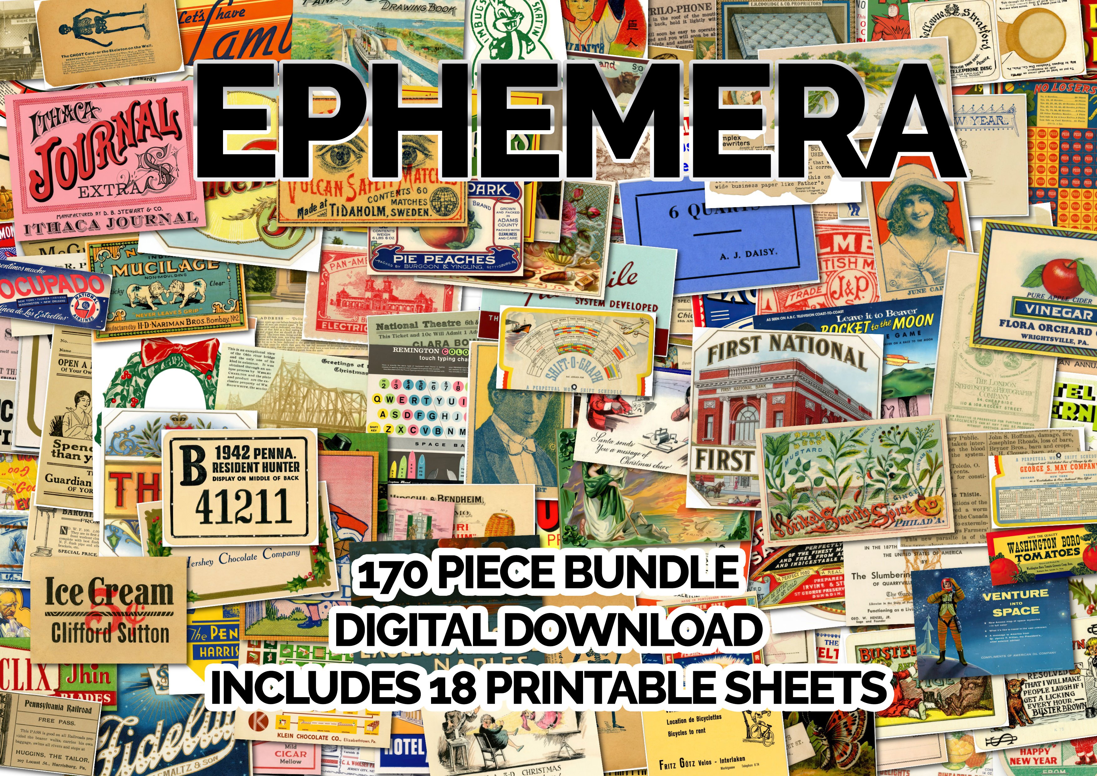 Digital & Printable 170 piece Vintage Ephemera Bundle- Labels, Tickets ...