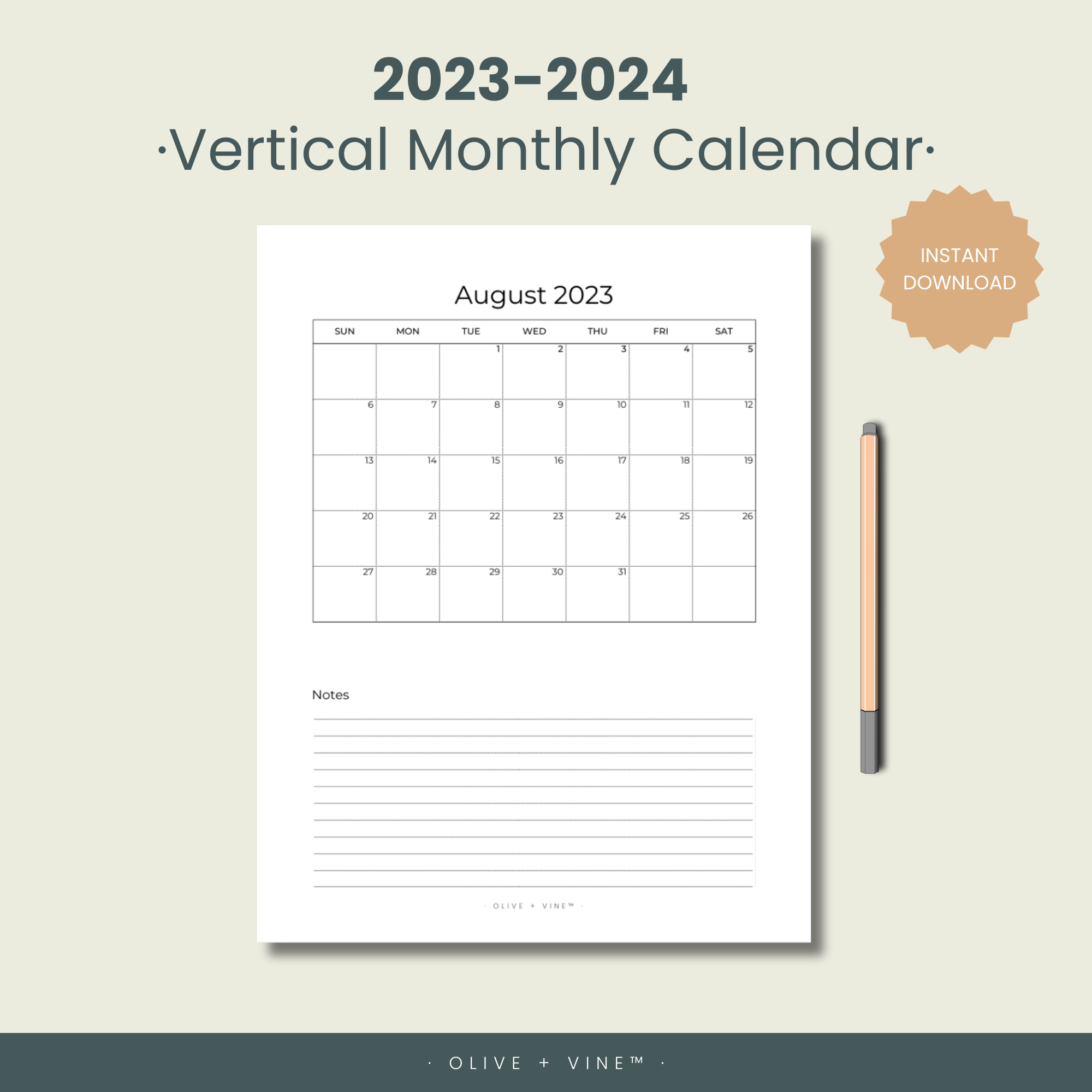 2023-2024 Minimalist Vertical Printable Monthly Calendar with Notes ...